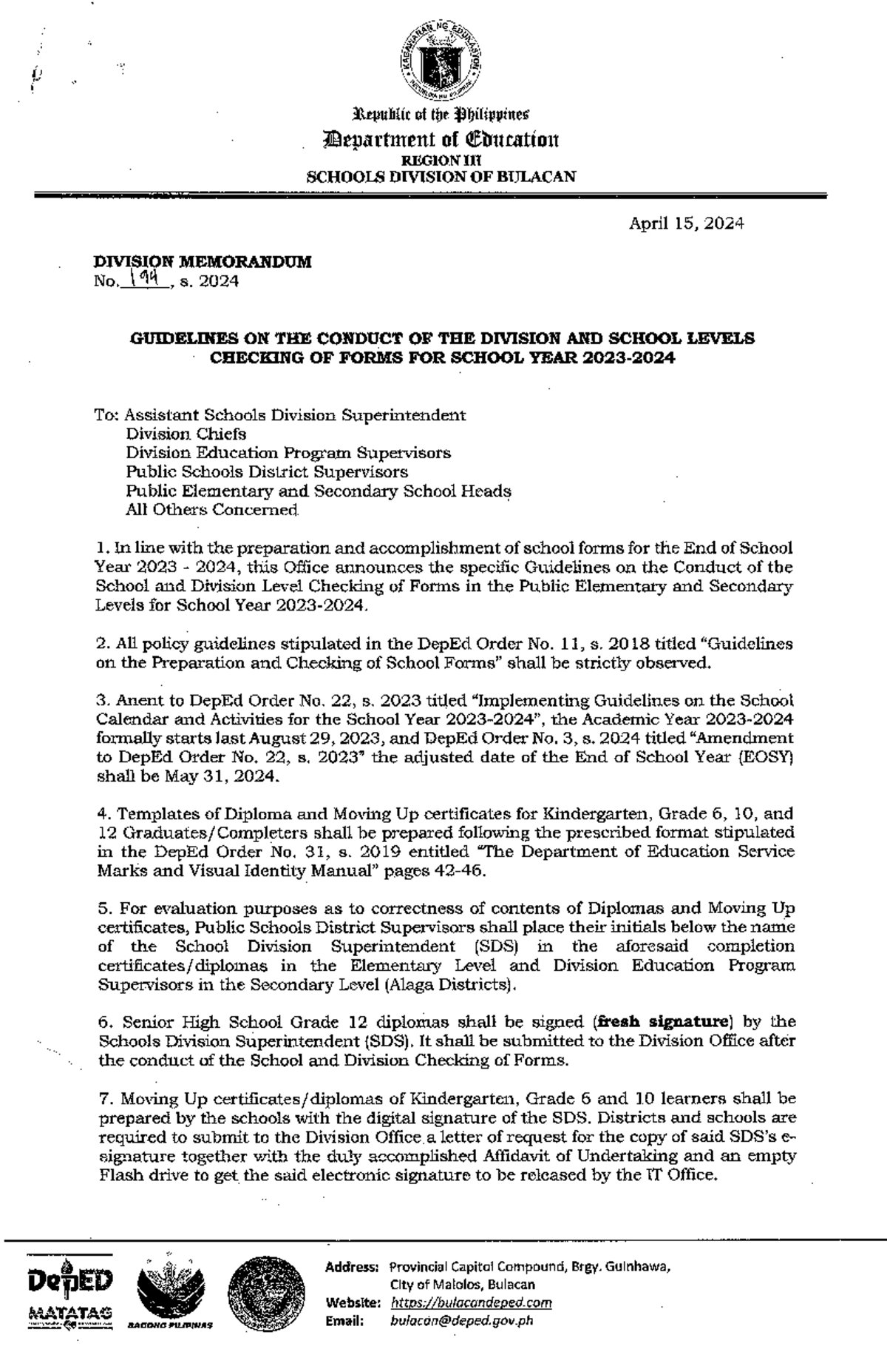 Division Memorandum NO 194 S 2024 - NG DEPARTMENT REPUBLINA PILIPINOS ...