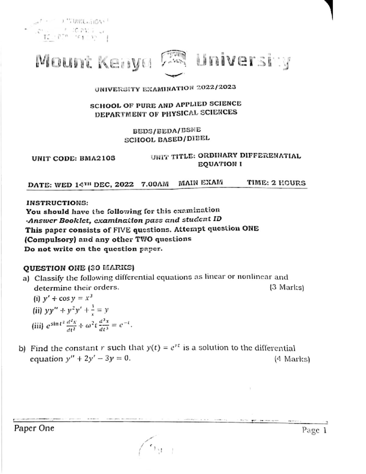 ODE Questions 1 - Practice material. Include past papers to assist with ...