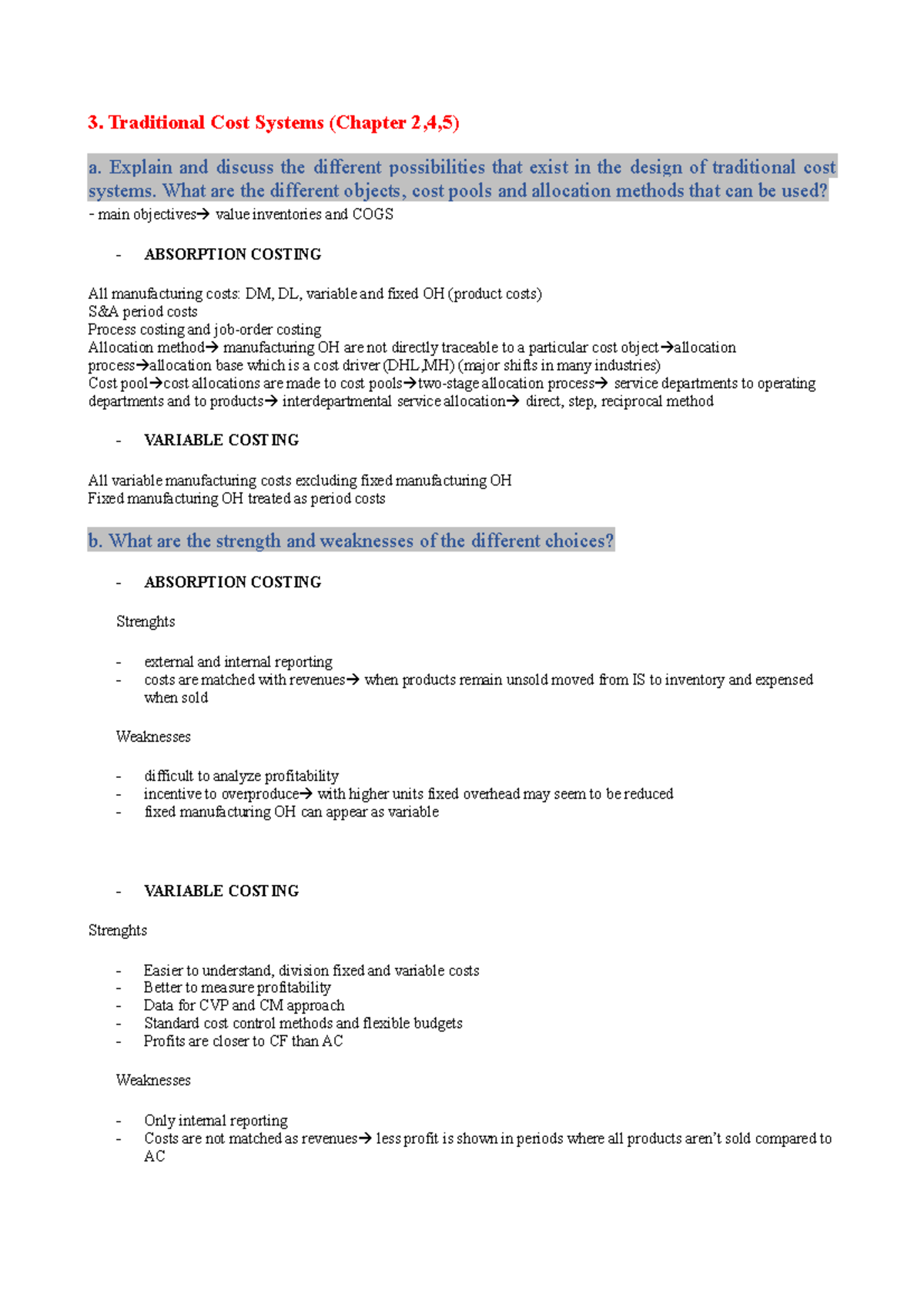 Outline EXAM CMA - notes - 3. Traditional Cost Systems (Chapter 2,4,5 ...