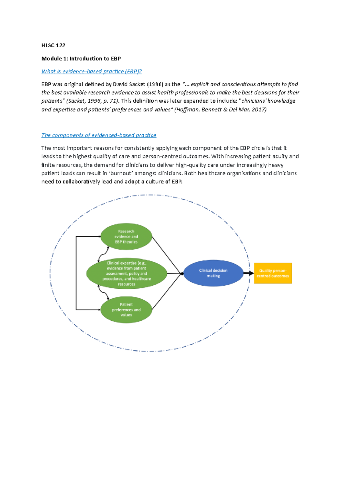 Moduel Notes - HLSC 122 Module 1: Introduction to EBP What is evidence ...