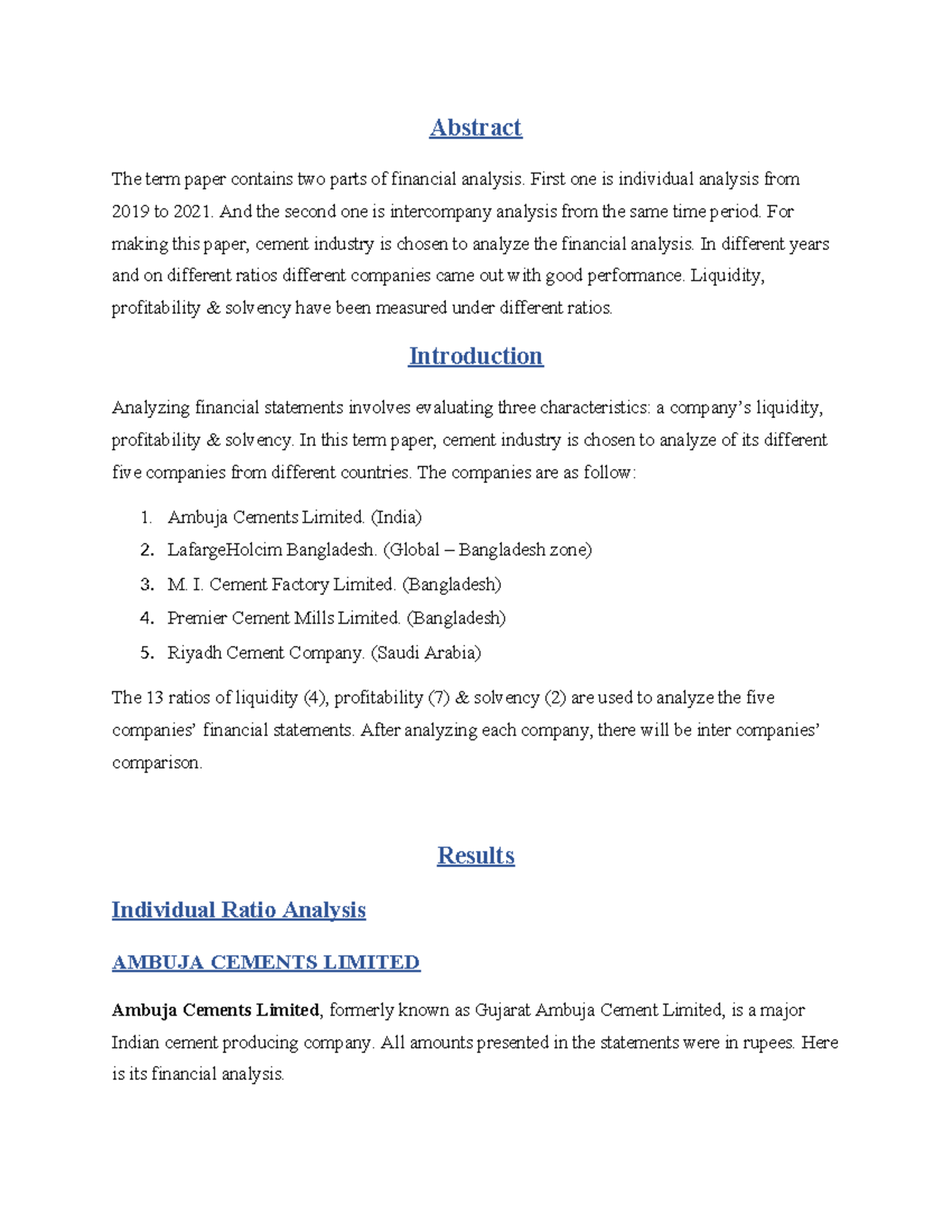 Financial Statement Analysis - Abstract The term paper contains two ...