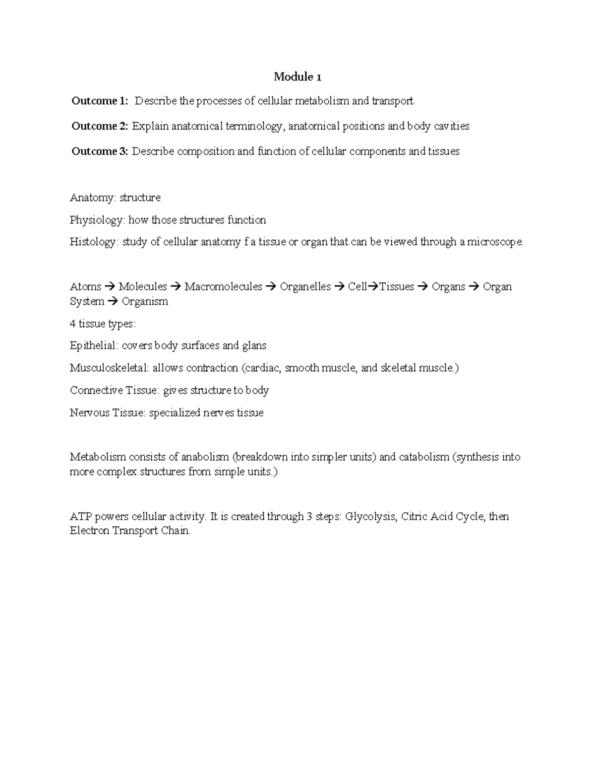 Module 1 Notes - Module 1 Outcome 1: Describe the processes of cellular ...