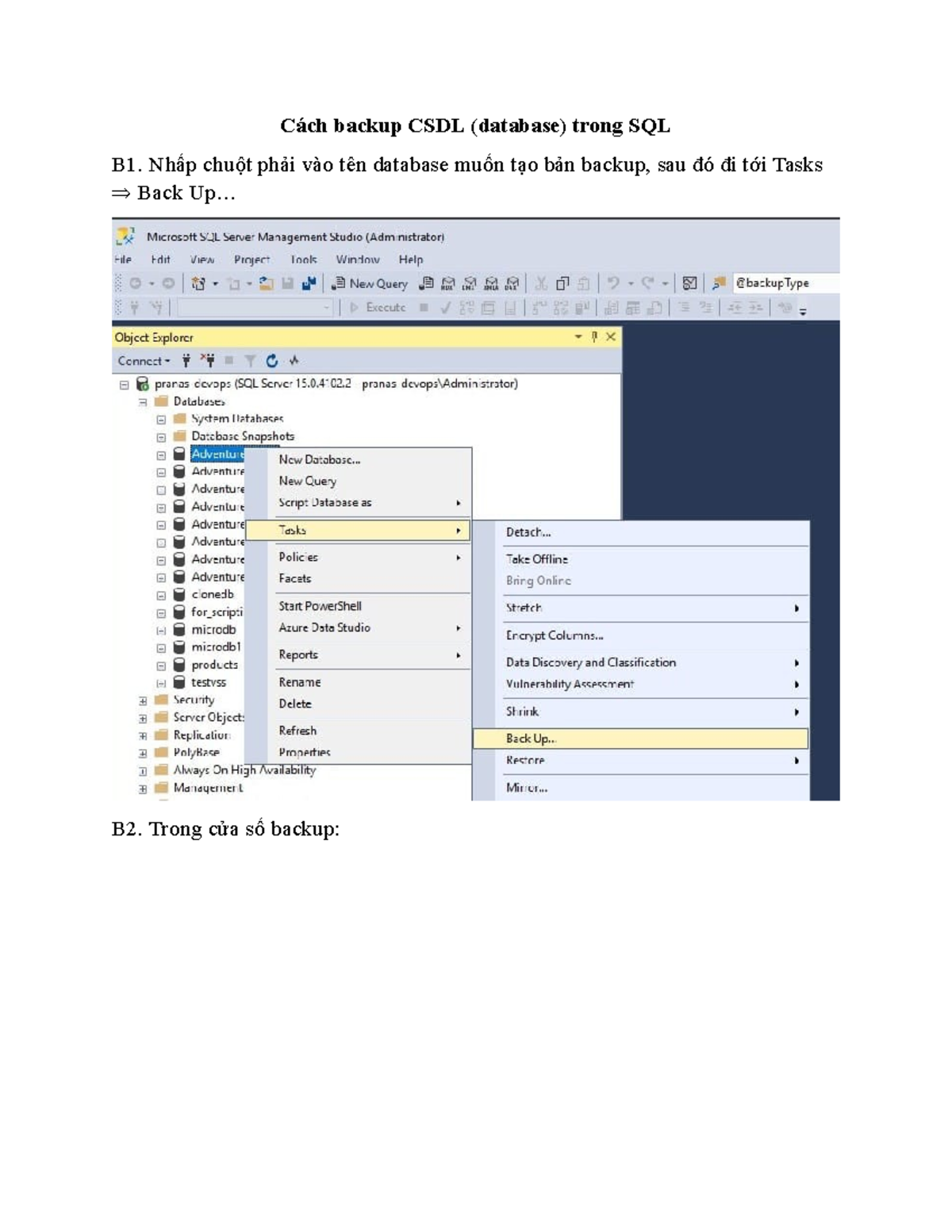 Cách bakup CSDL trong SQL-Server - Quản lý dự án - Cách backup CSDL (database) trong SQL B1 ...