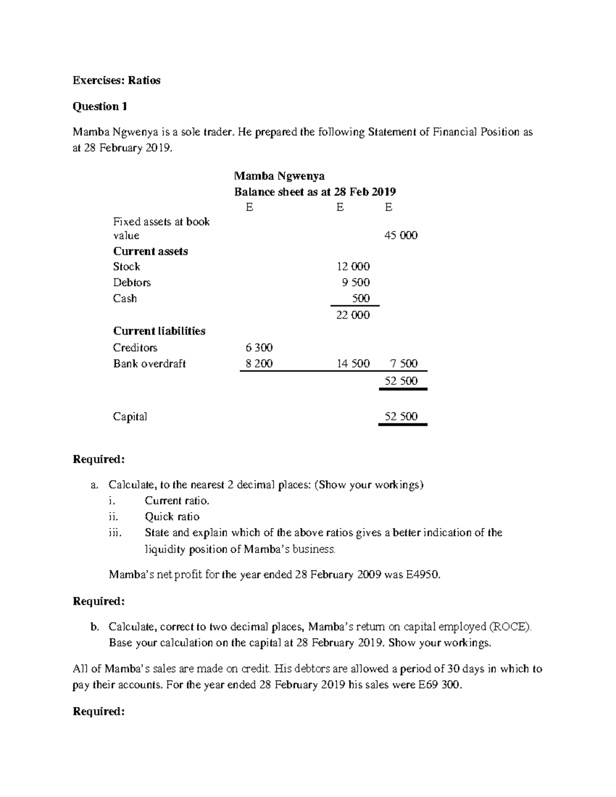 Exercises on Ratios - accounting and finance - Exercises: Ratios ...