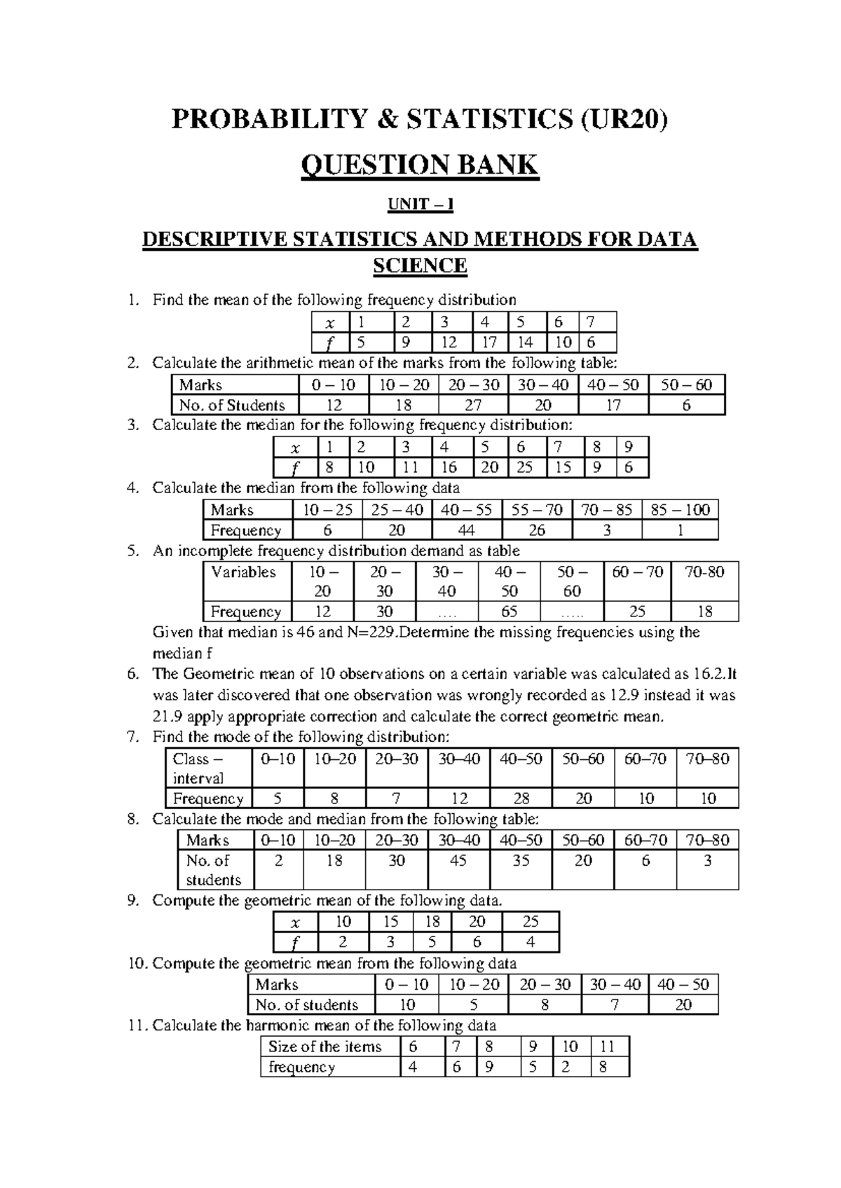 P&S Question Bank UR-20 - PROBABILITY & STATISTICS (UR20) QUESTION BANK ...