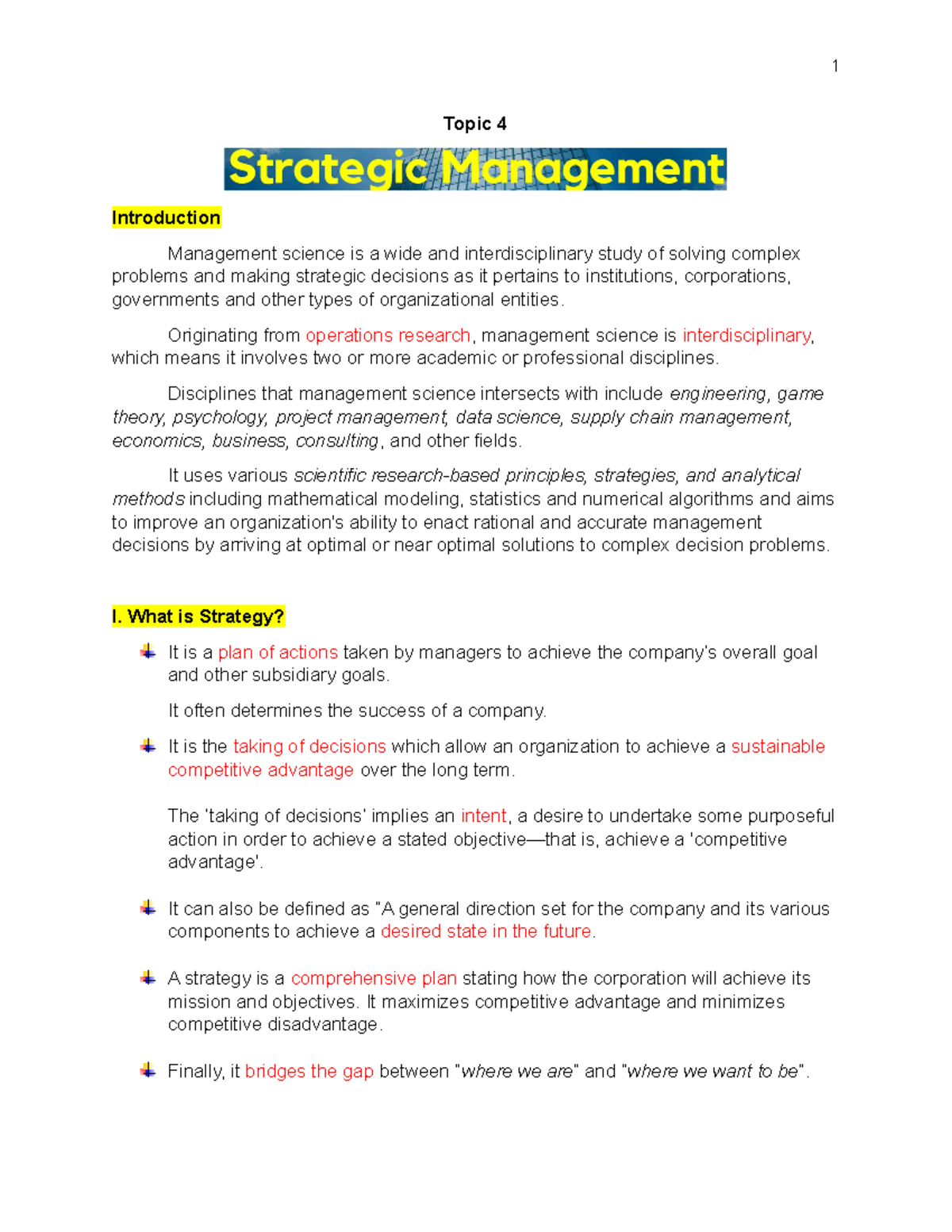 Topic 4 Strategic Management - Topic 4 Introduction Management science is a wide and - Studocu