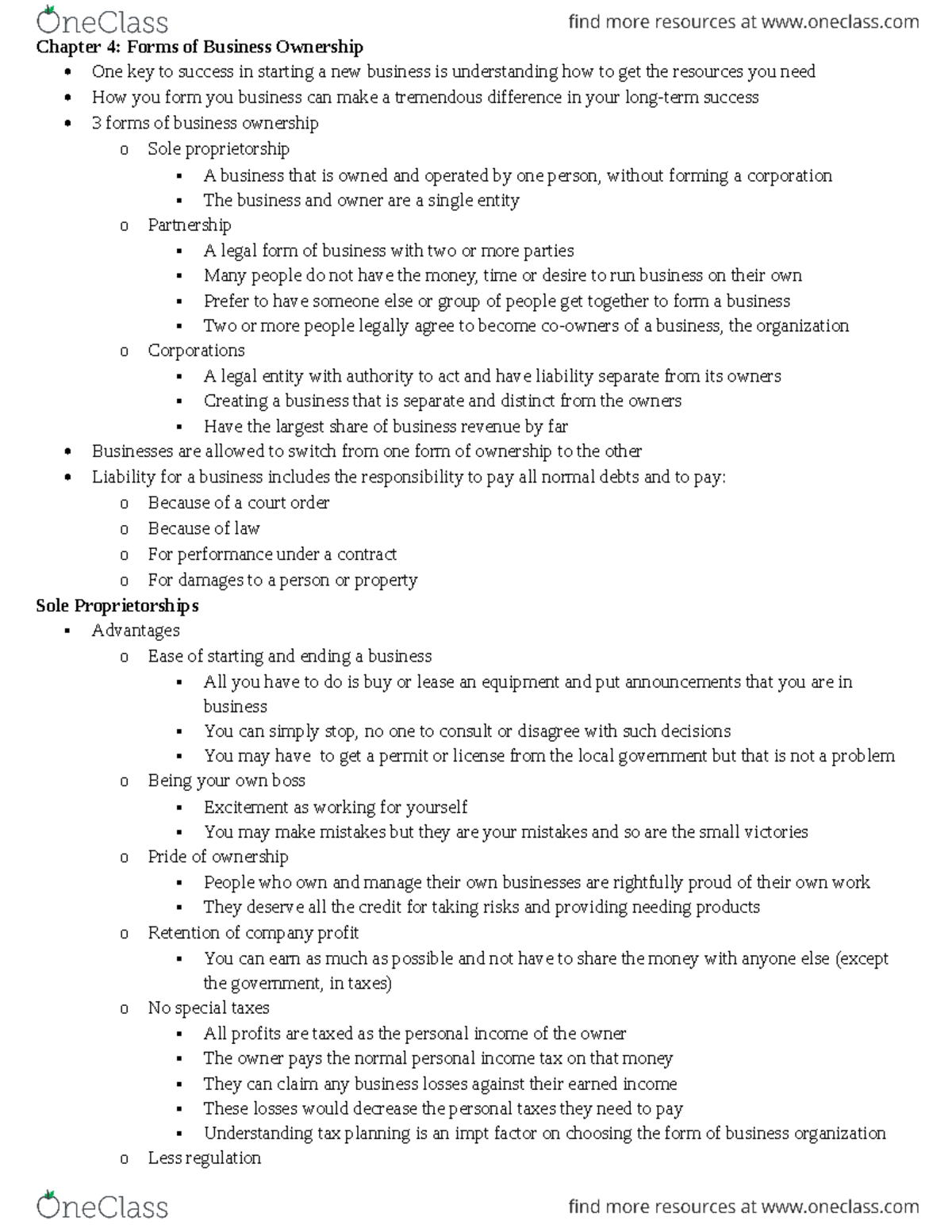 MGM CHAP 4-6 - Lecture notes 4-6 - Chapter 4: Forms of Business ...