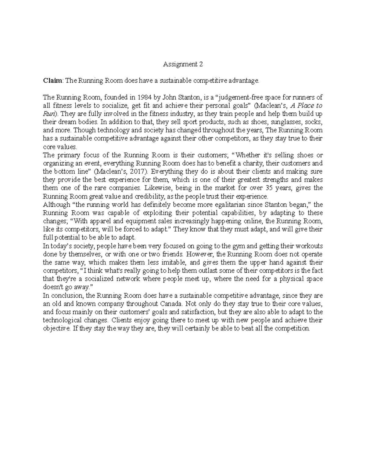 COMM 210 - Assignment 2 - Assignment 2 Claim : The Running Room does ...