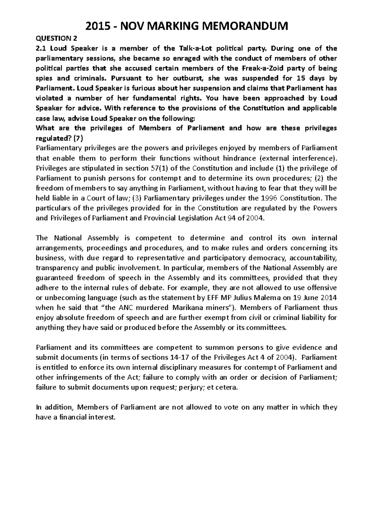 03 CSL2601 Exam Questions 2015 02 - 2015 - NOV MARKING MEMORANDUM ...