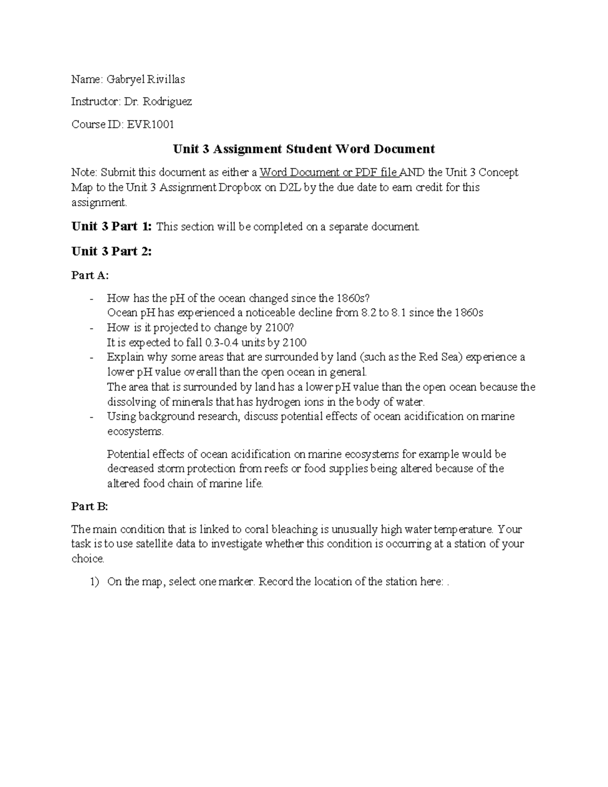 EVR1001 Assignment 3 - Unit 3 assignement - Name: Gabryel Rivillas Instructor: Dr. Rodriguez ...