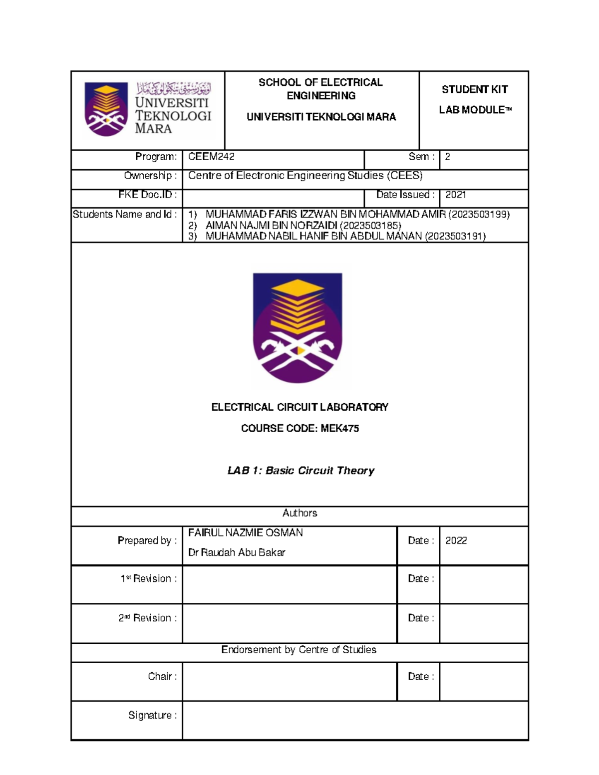 Cover Page Lab 1 (Electronics) - SCHOOL OF ELECTRICAL ENGINEERING ...
