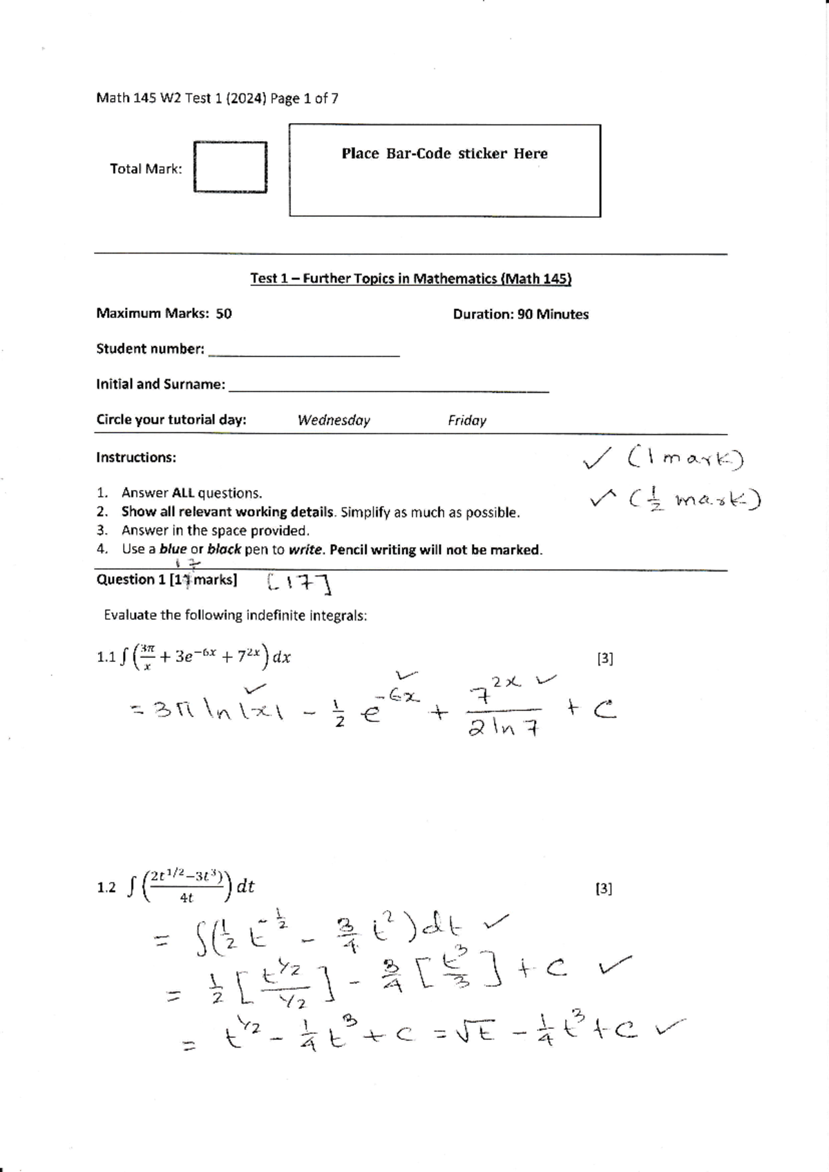 Test1 Math145 2024 with Memo - Math 145 W2 Test 7 (2024) Page 1 of 7 ...
