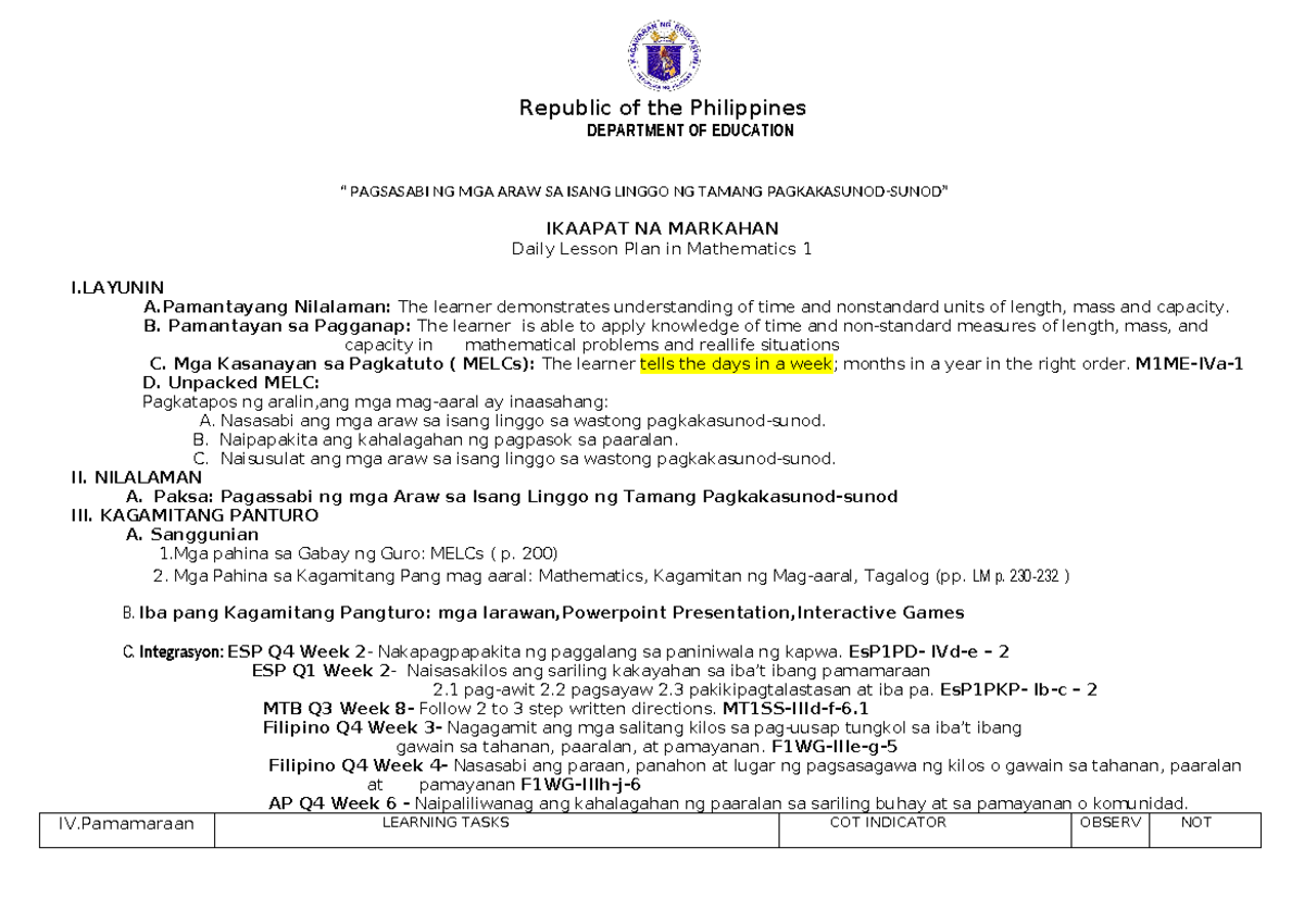 Q4 DLL MATH ARAW SA Isang Linggo CO - DEPARTMENT OF EDUCATION ...