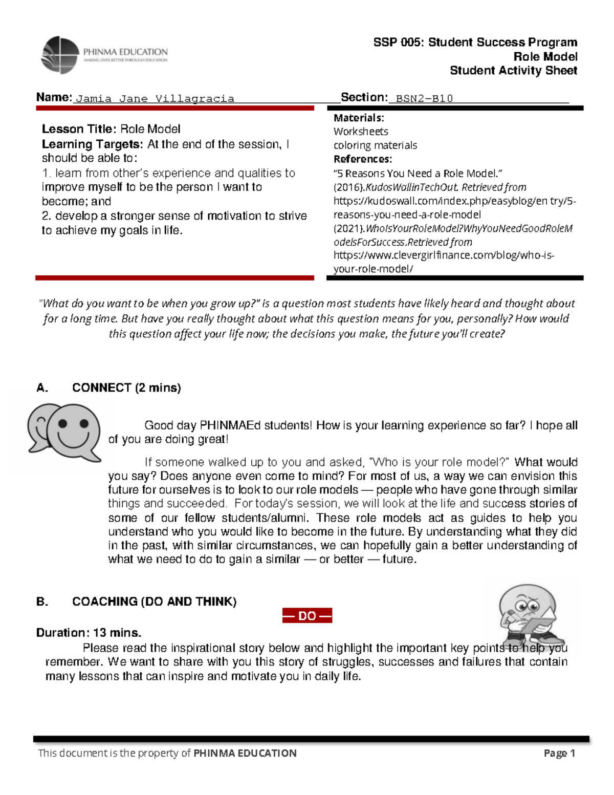 Role Model (SAS) - Role Model Student Activity Sheet Name ...