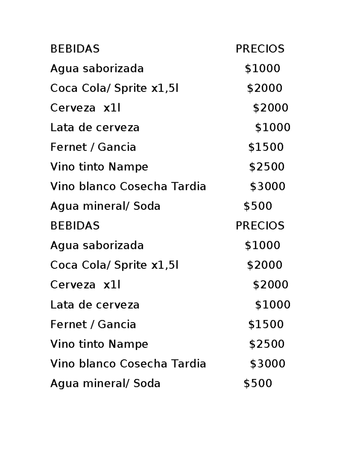 Bebidas Precios - asds - BEBIDAS PRECIOS Agua saborizada $ Coca Cola ...