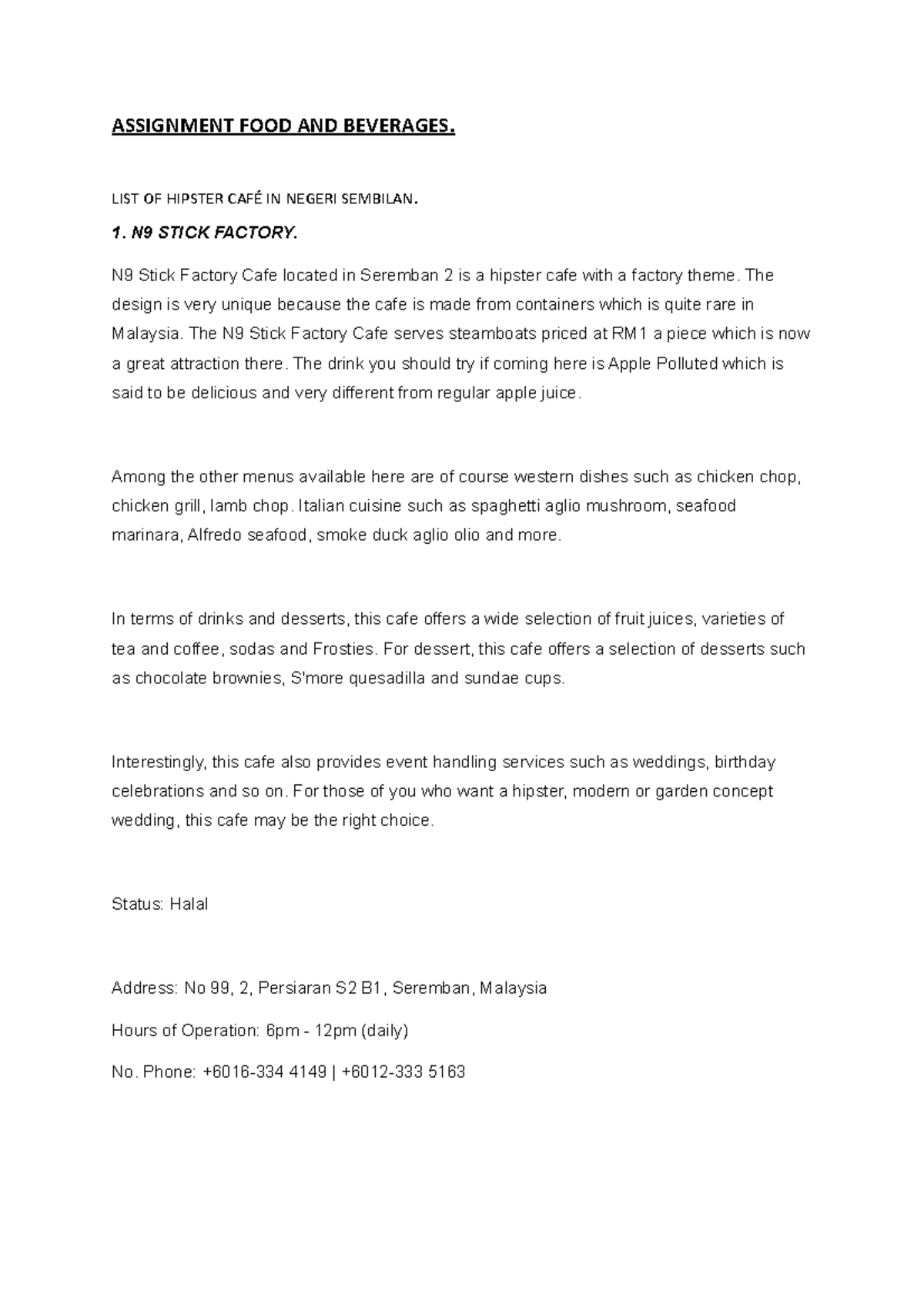 Assignment FOOD AND Beverages - ASSIGNMENT FOOD AND BEVERAGES. LIST OF ...