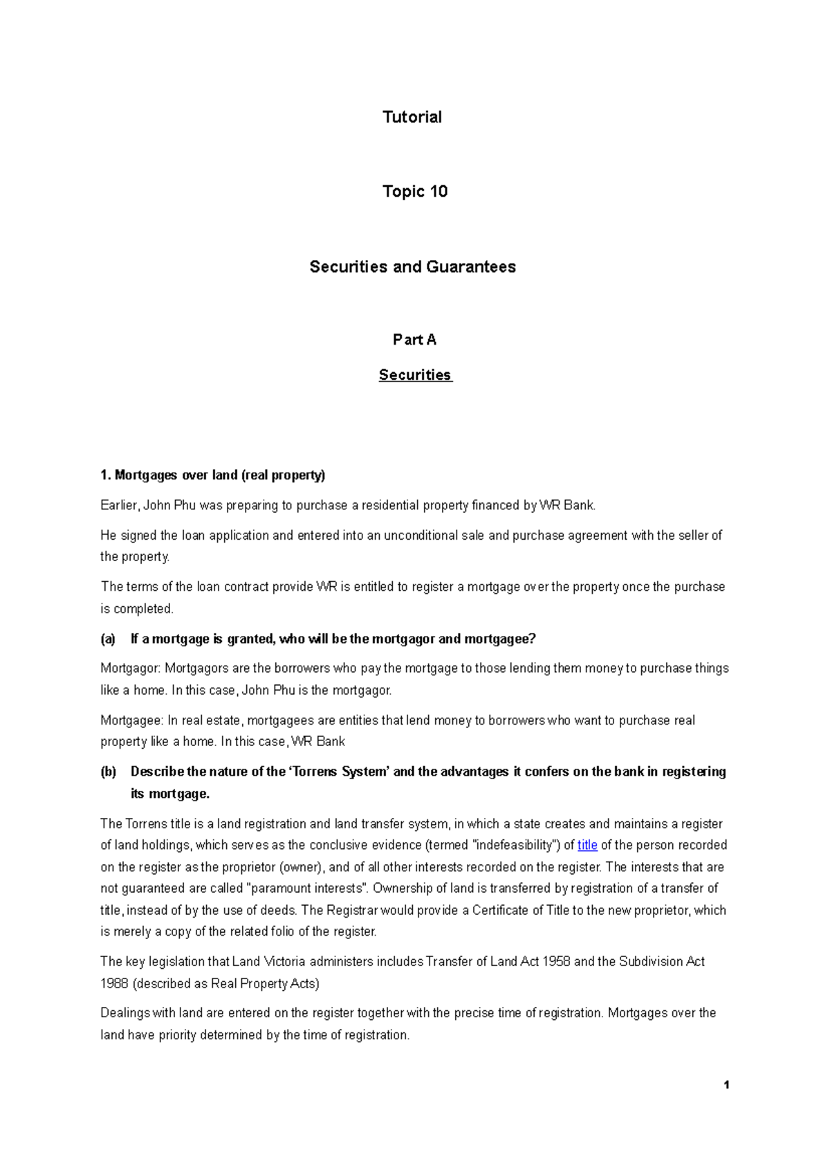 Tutorial 10 Securities and Guarantees Part A Solution - Tutorial Topic ...