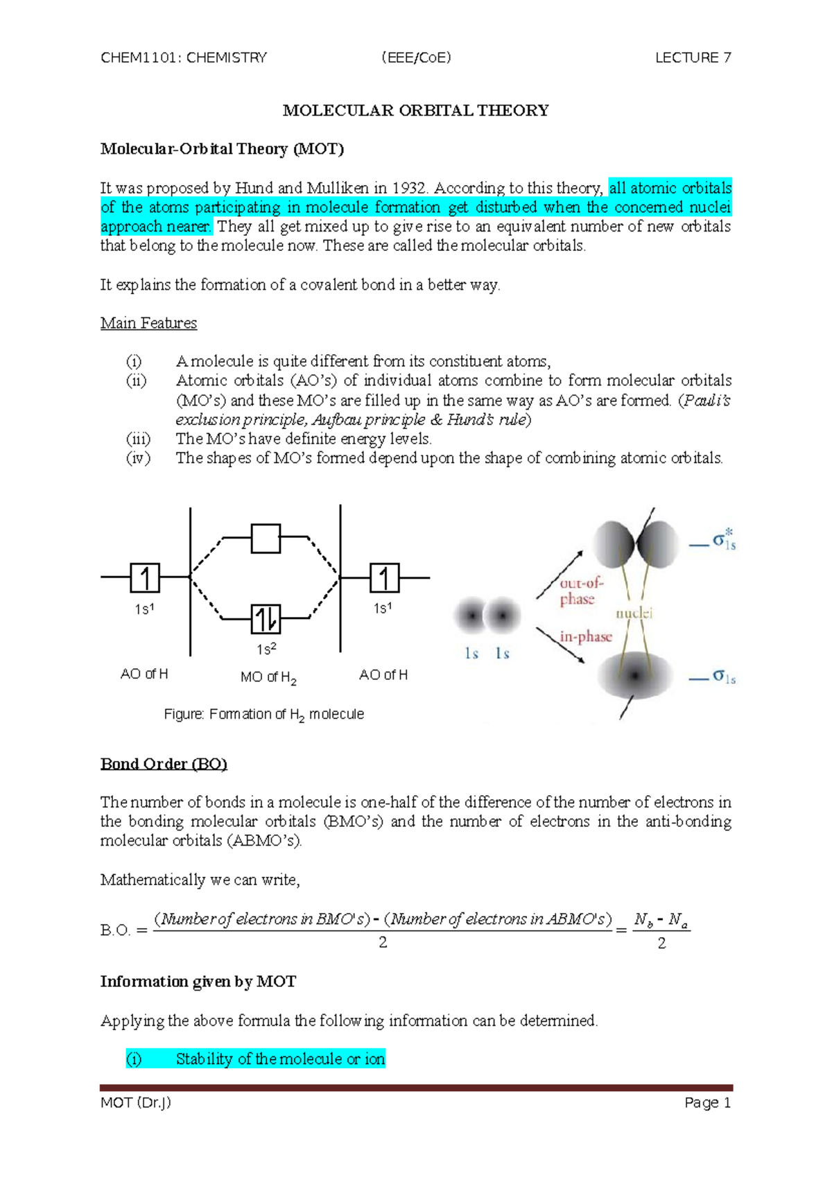 7. Molecular Orbital Theory - MOLECULAR ORBITAL THEORY Molecular ...