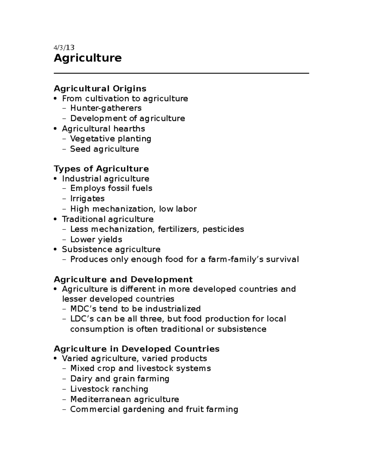 Lecture 10 - Agriculture 4-3-13 - 4/3/13 Agriculture - Studocu
