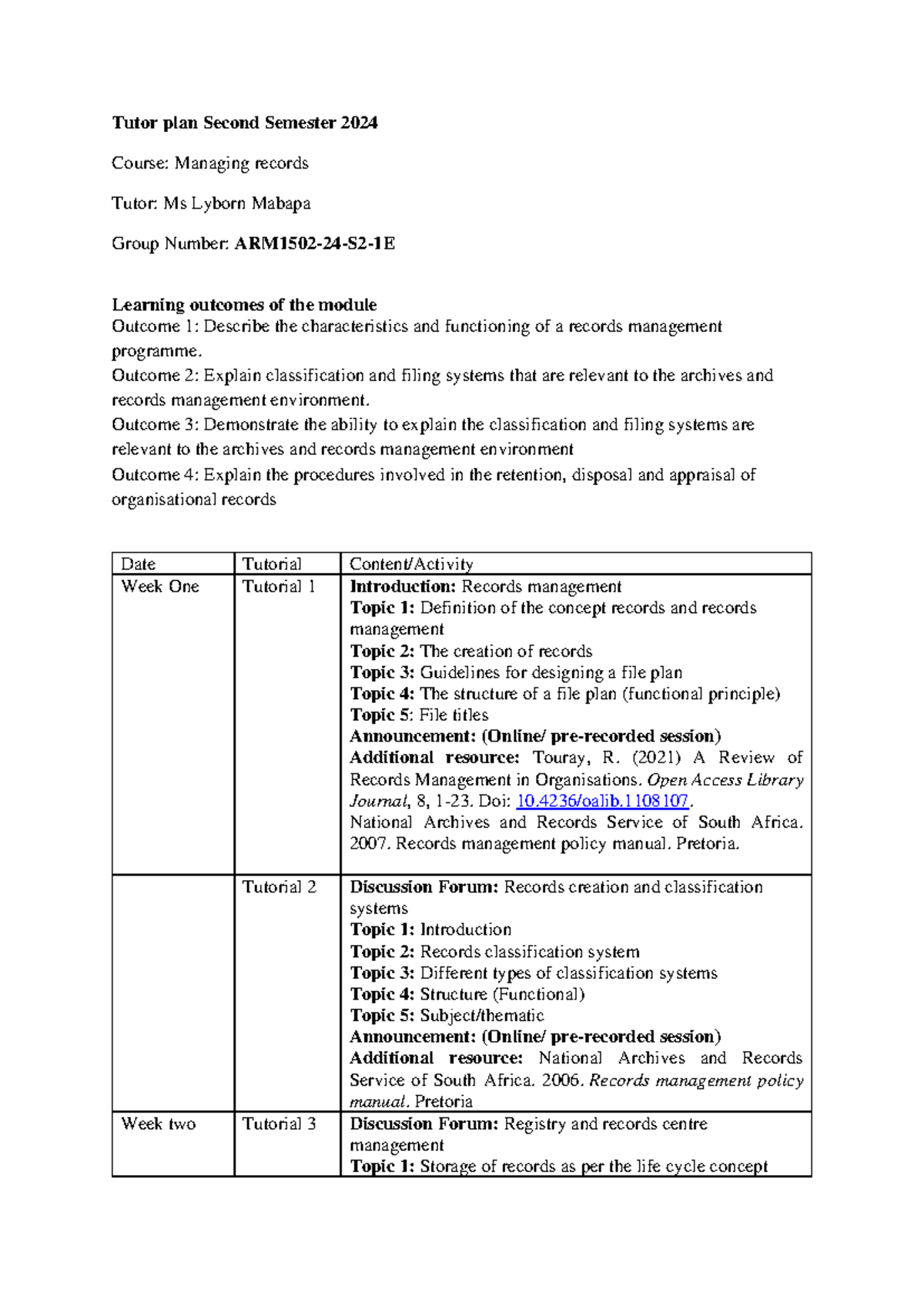 ARM1502 Second Semester Tutor PLAN - Tutor plan Second Semester 2024 ...
