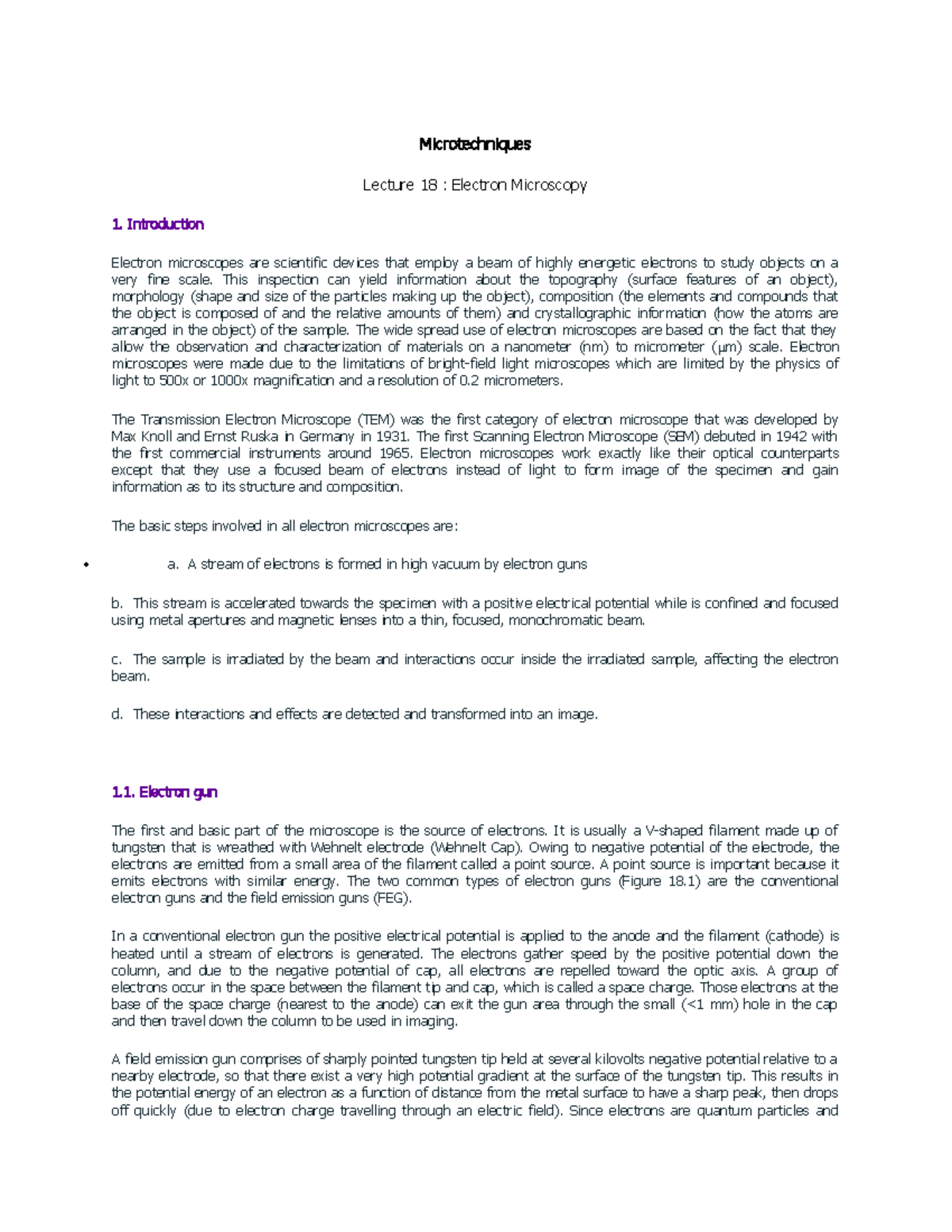 Lecture 18 Electron Microscopy Microtechniques Lecture 18