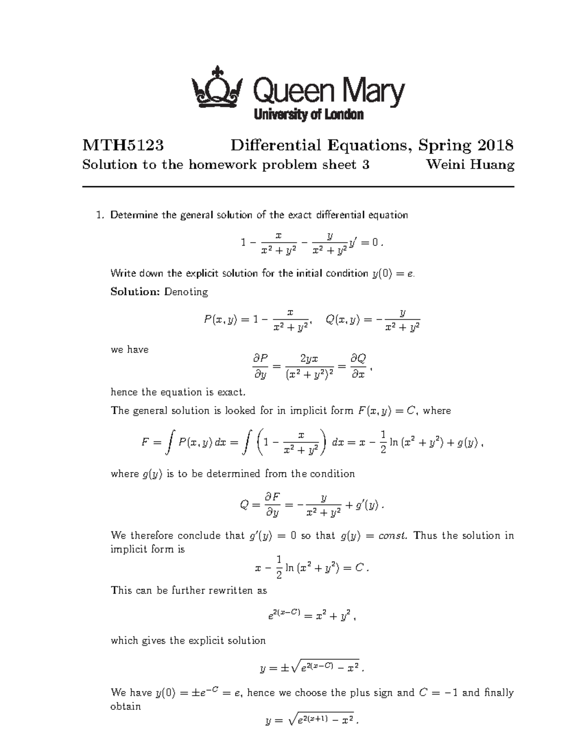 Differential Equations CW4 Homework Question Solution - MTH5123 ...
