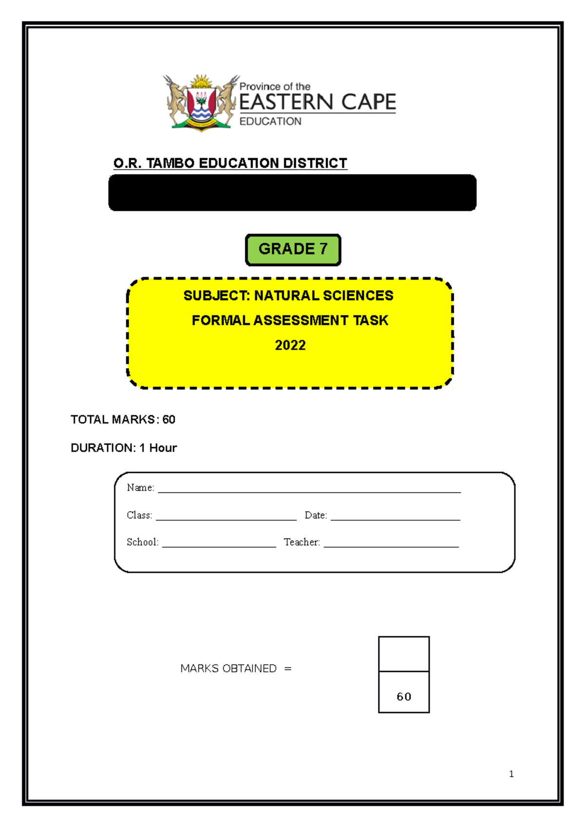 2022 Natural Sciences Grade 7 TERM 1 TEST MEMO-1 - O. TAMBO EDUCATION ...