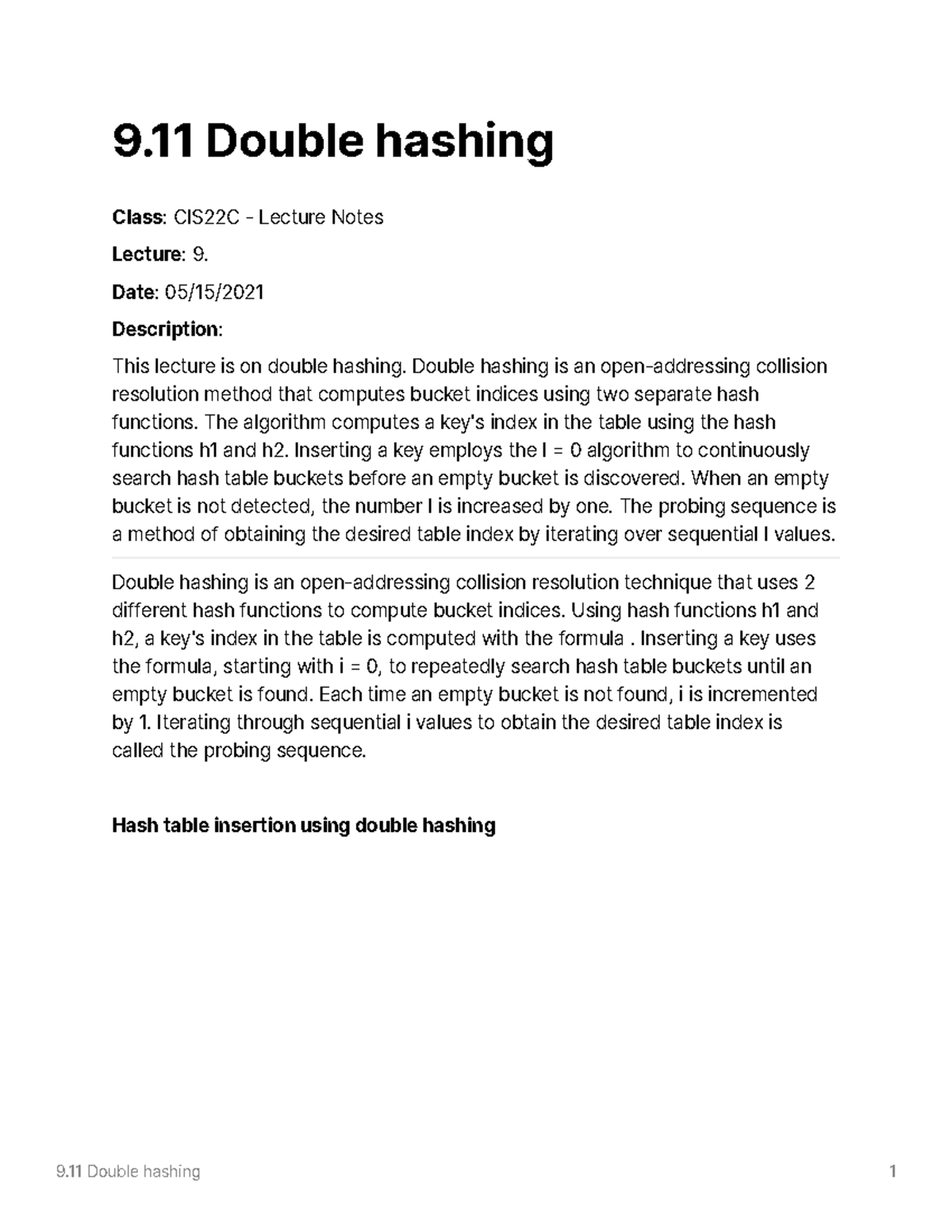 9.11 Double hashing - 9 Double hashing Class : CIS22C - Lecture Notes ...