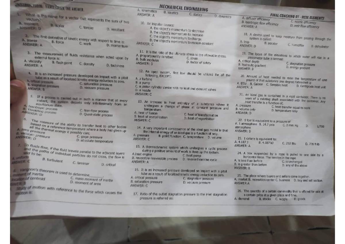 MESL-Set-01 - Notes - MECHANICAL ENGINEERING FAMILIARIZE THE ANSWER A ...