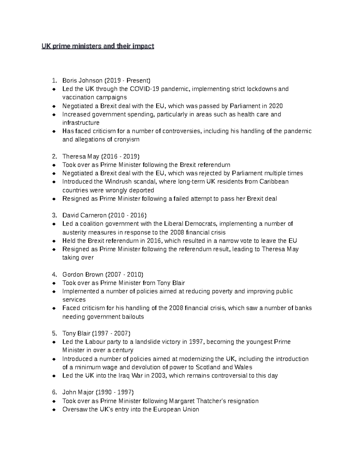 UK prime ministers and their impact - UK prime ministers and their ...