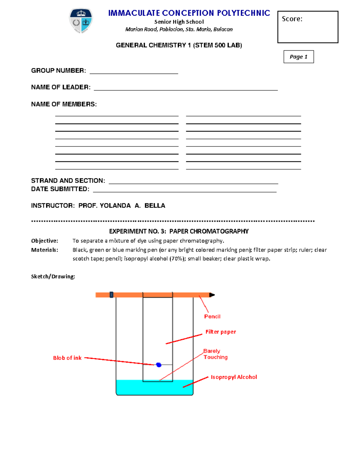 Experiment 3 Paper Chromatography - IMMACULATE CONCEPTION POLYTECHNIC ...