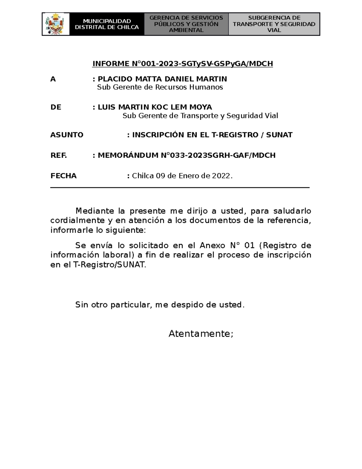 INF- N°001-2023-SGTy SV - INFORME N°001-2023-SGTySV-GSPyGA/MDCH A ...