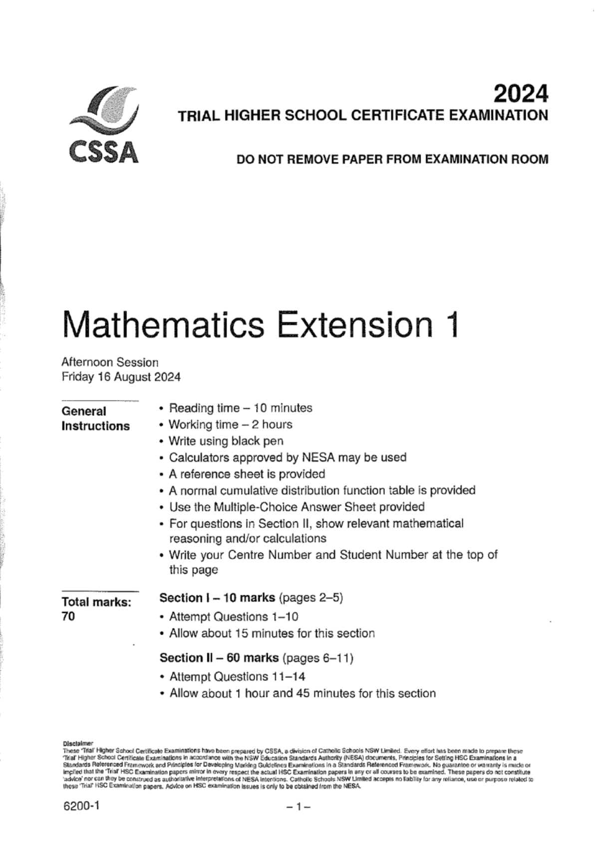 2024 CSSA Ext 1 Trial - Math ext paper - 2024 TRIAL HIGHER SCHOOL CERTIFICATE EXAMINATION CSSA ...