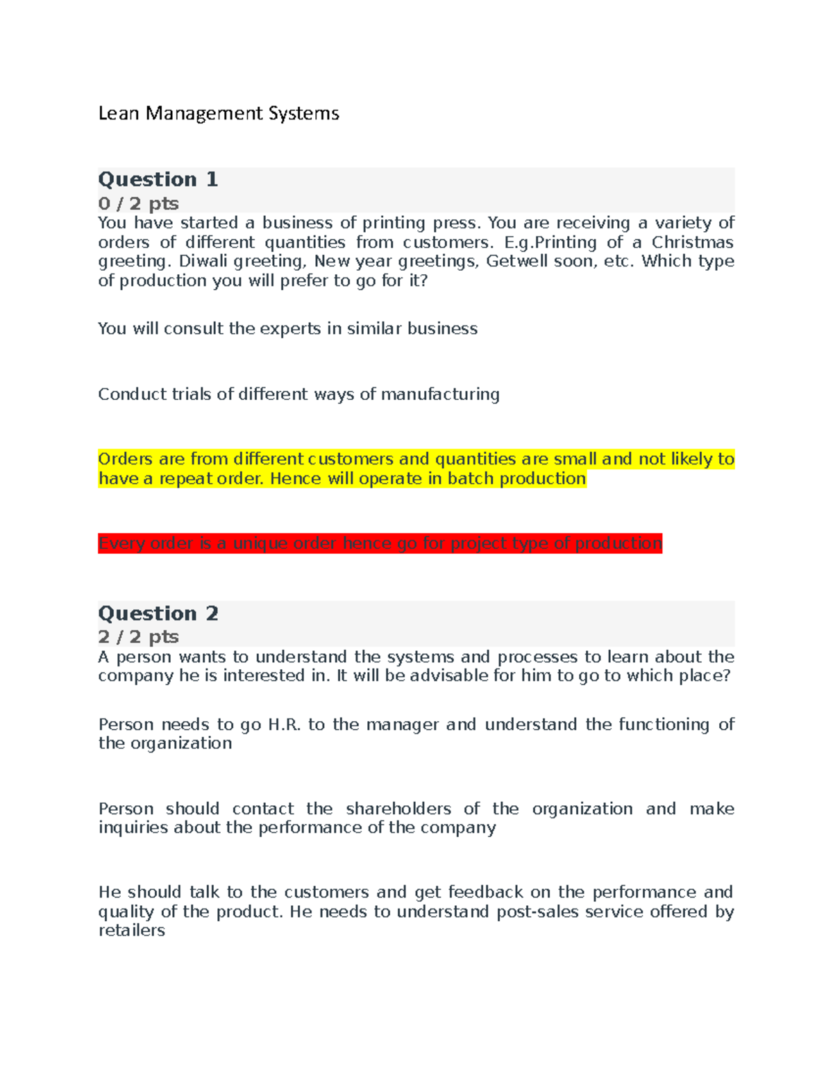 Lean Management Systems - Lean Management Systems Question 1 0 / 2 pts ...