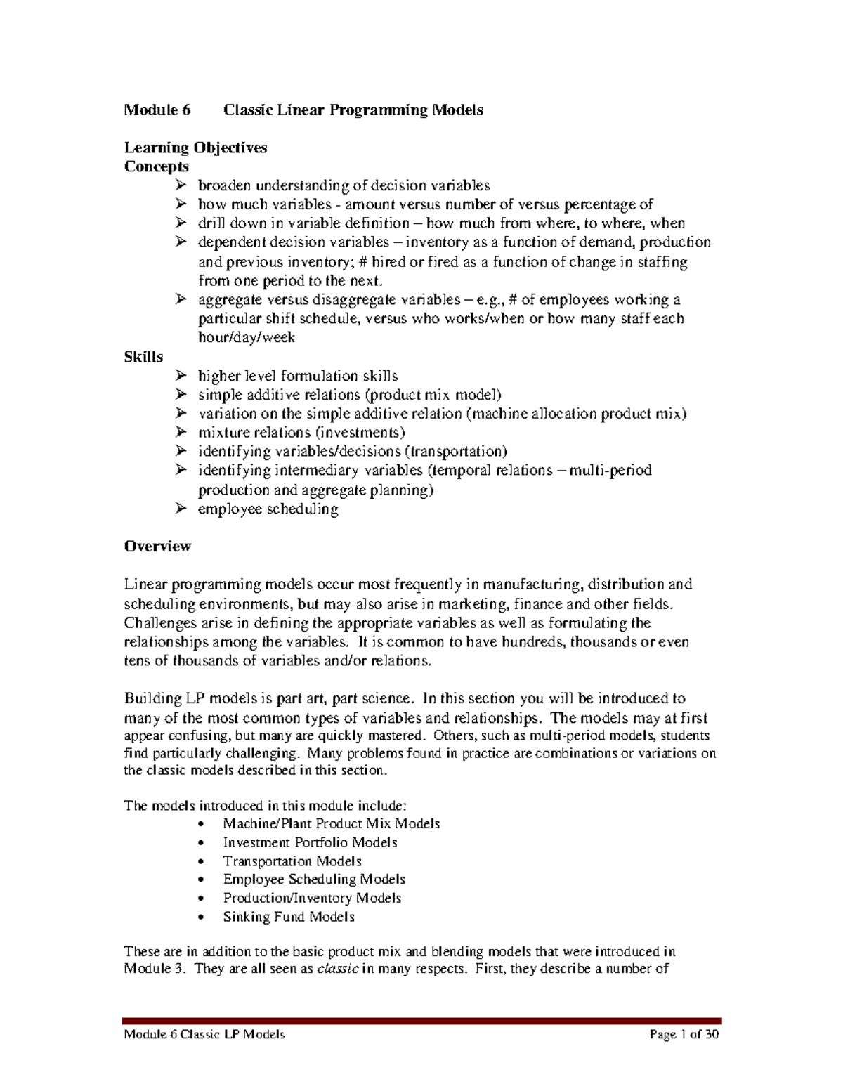 Module 6 Classic LP Models Notes 2018 - Module 6 Classic Linear ...