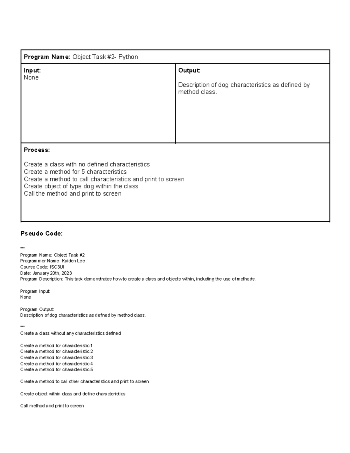 Object Task #2 yes - Program Name: Object Task #2- Python Input: None ...
