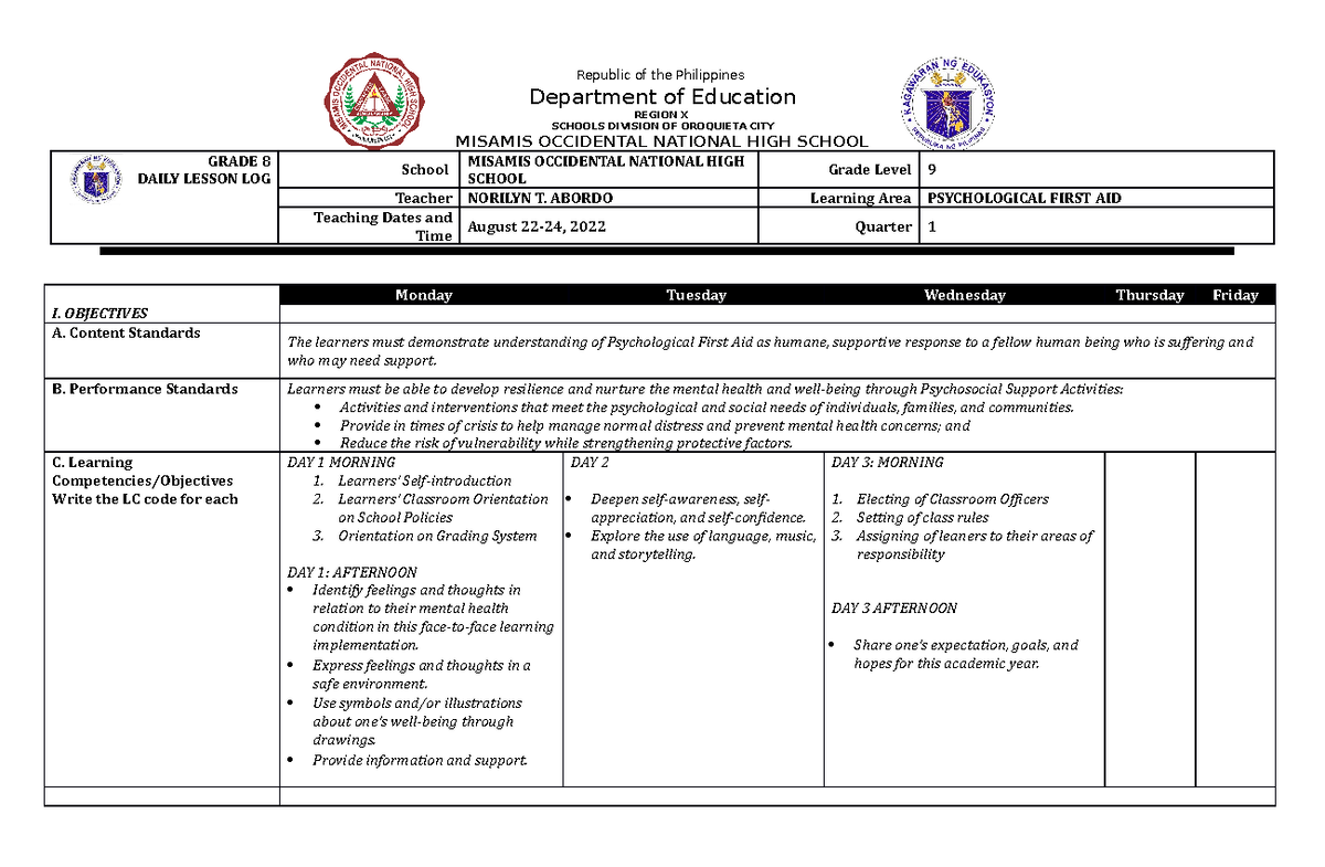 WEEK1 Q1 Psychosocial- English - Republic of the Philippines Department ...