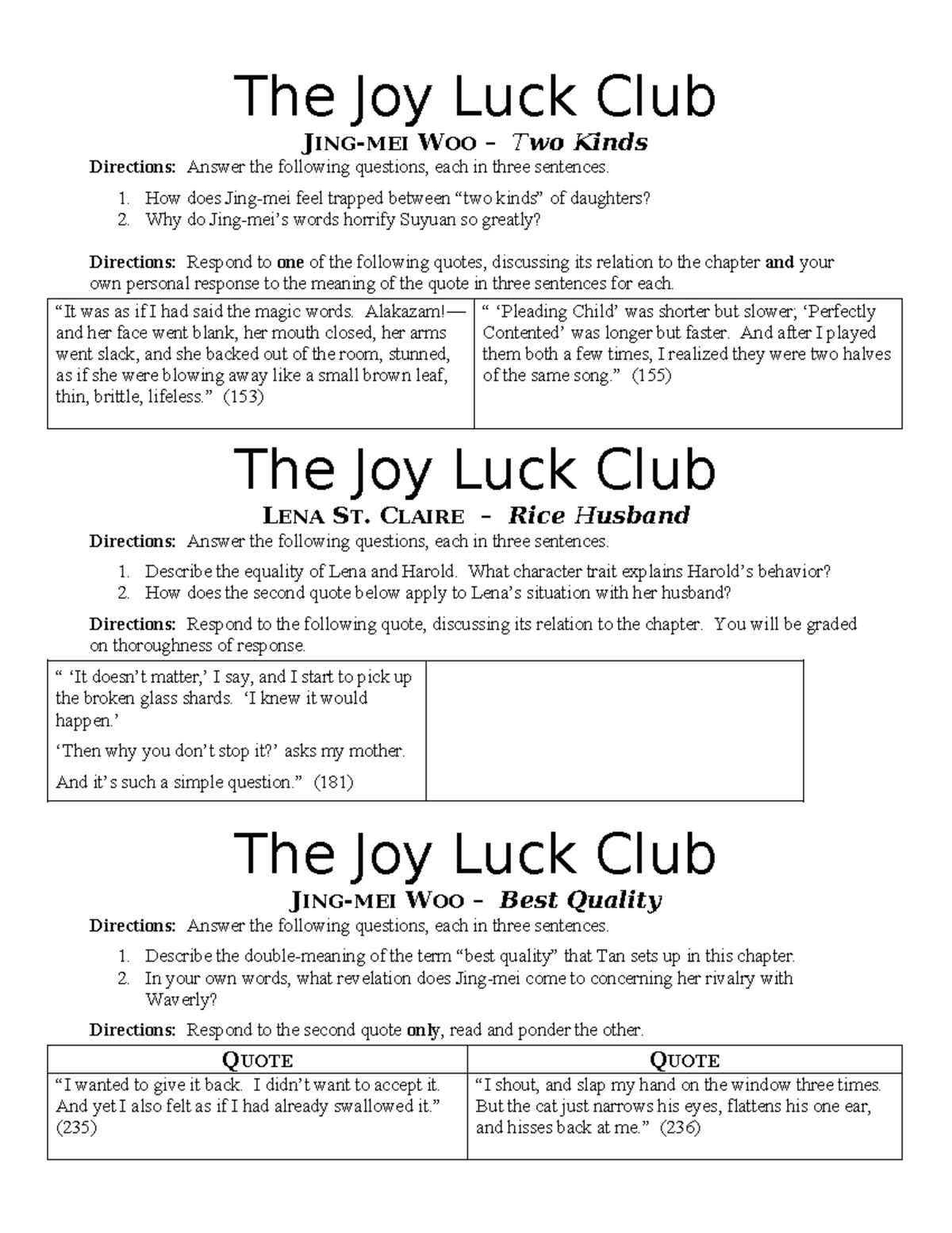 random stuff- pretty useless - The Joy Luck Club JING-MEI WOO – Two ...