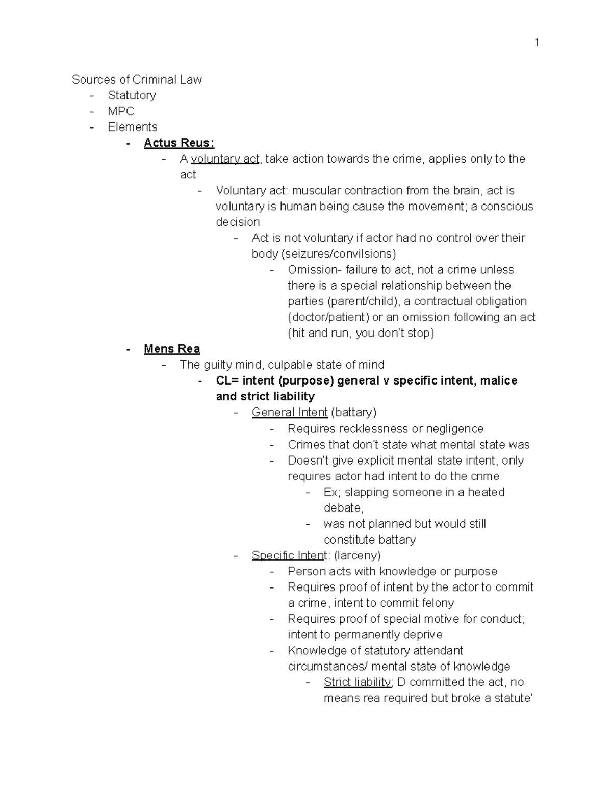 Crim Law Attack Outline - Sources of Criminal Law - Statutory - MPC ...