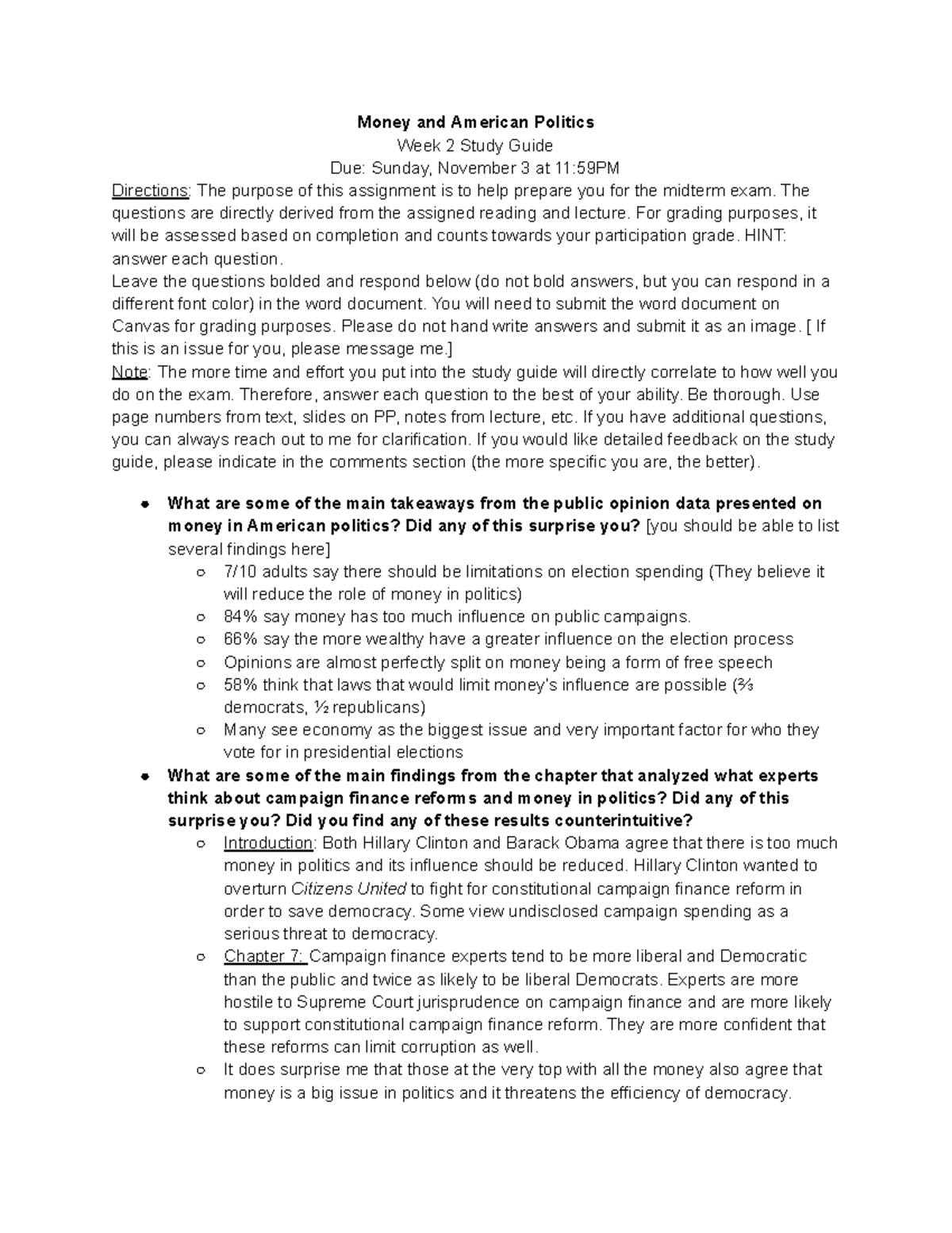 Week 2 Study Guide - Money and American Politics Week 2 Study Guide Due ...