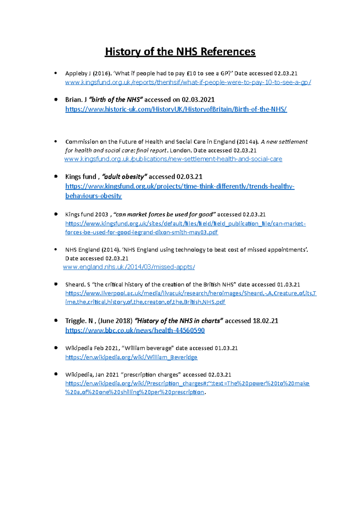 Unit 6 references - History of the NHS References Appleby J (2016 ...