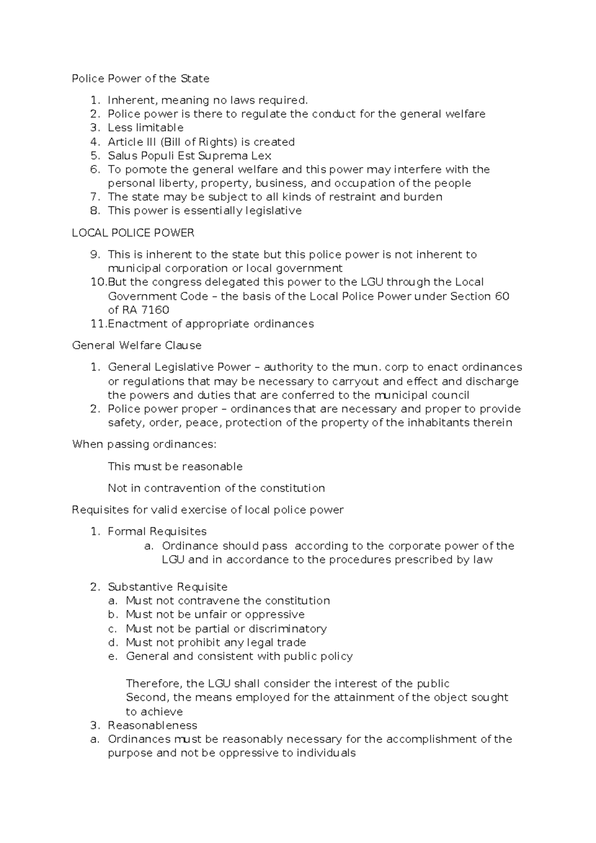 LGC Discussion November 10 - Police Power of the State 1. Inherent ...