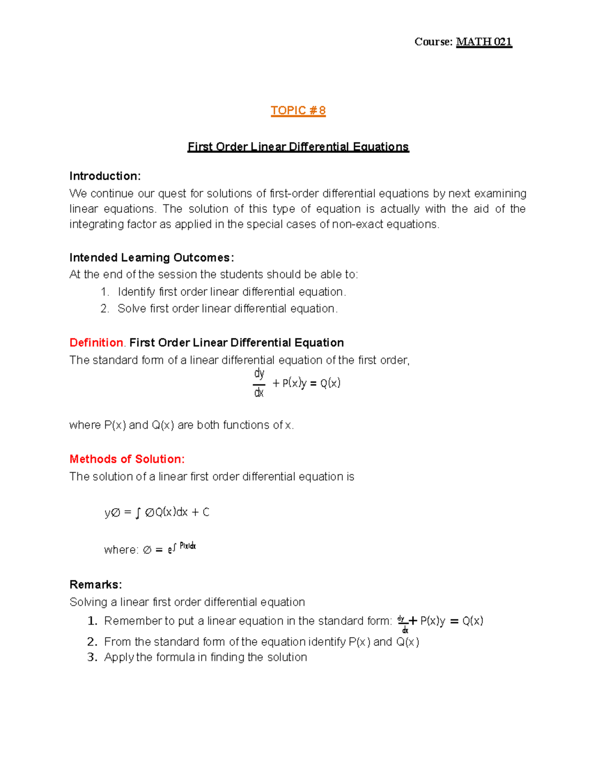 Lesson 8 Linear DE - Differential Equations - TIP - Studocu