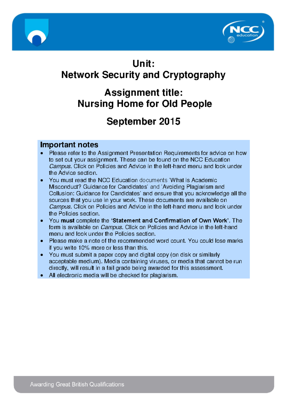 NSC September 2015 Assignment - Final - Unit: Network Security and Cryptography Assignment title ...