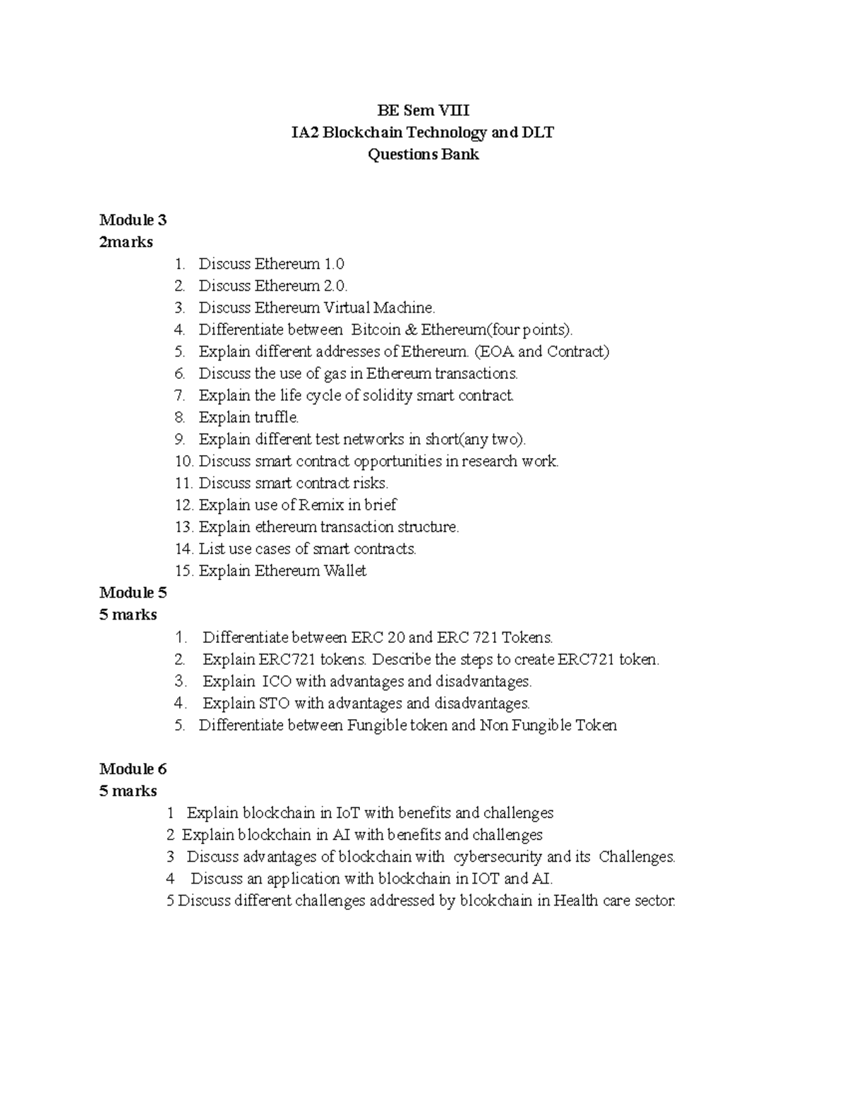 Question bank contains set of important questions - BE Sem VIII IA2 Blockchain Technology and ...
