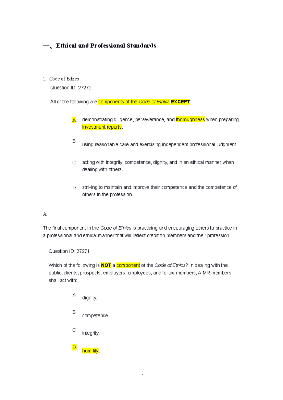 Quiz 1 - notes - 一、Ethical and Professional Standards 1.: Code of ...