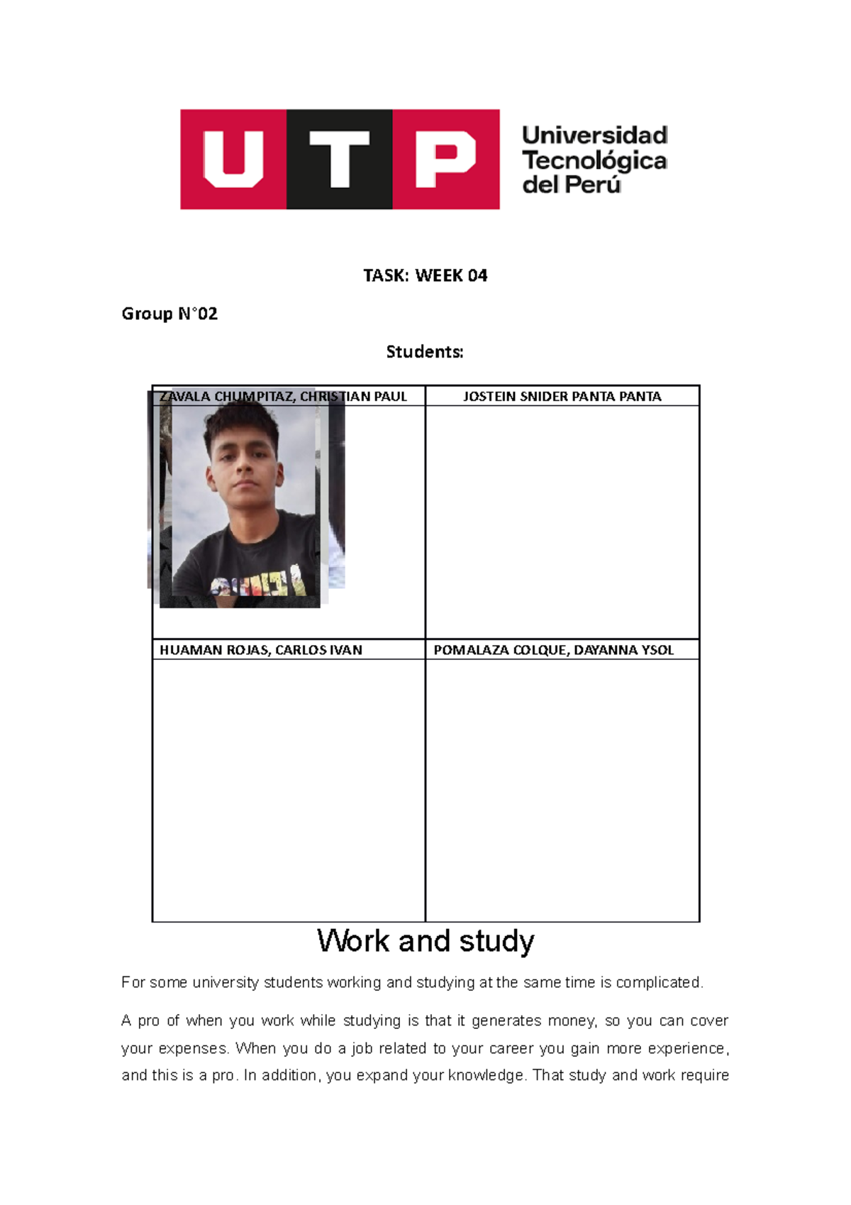 TASK WEEK 4 Grupo 2 - TA4 - TASK: WEEK 04 Group N° Students: Work and ...