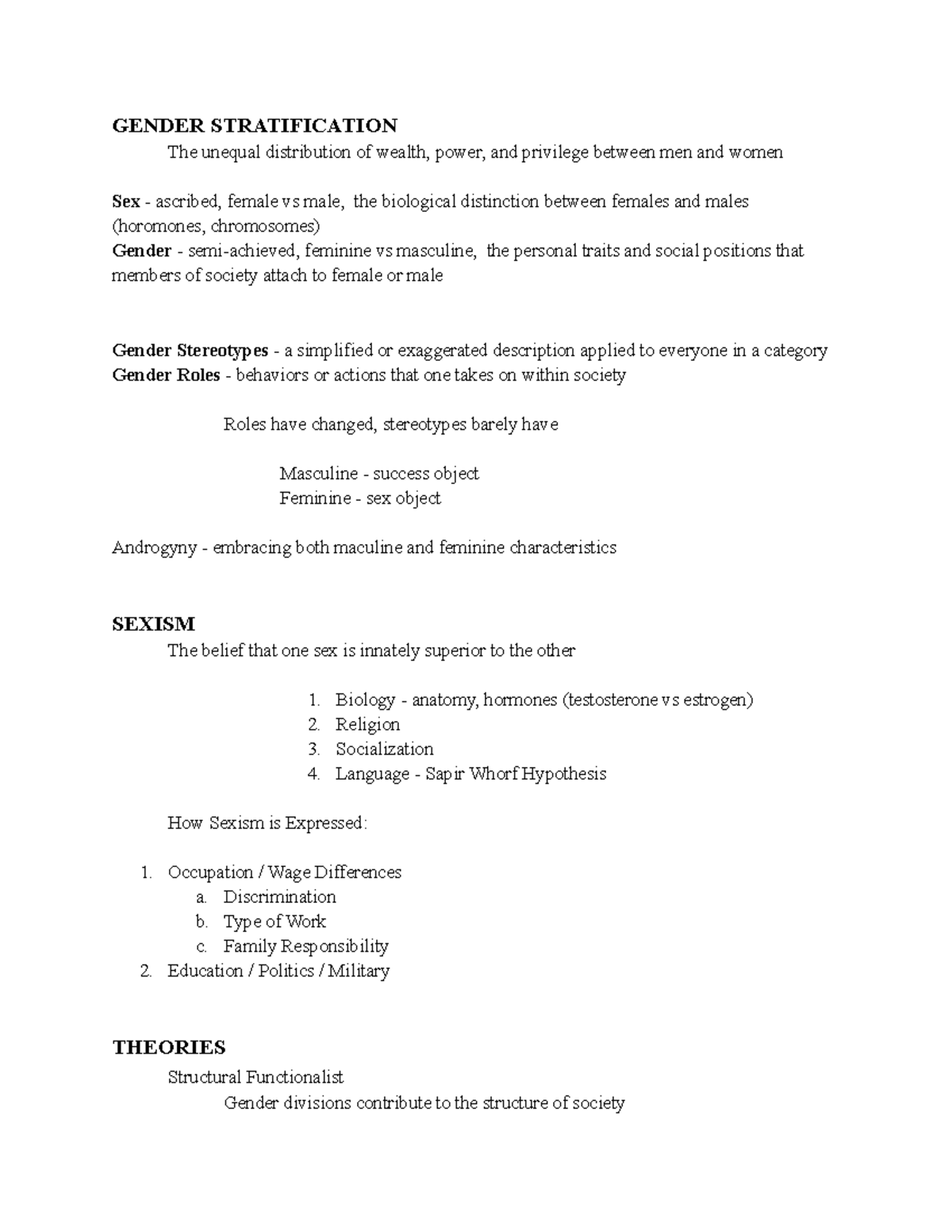 Unit 4 Outline 14 on Gender Stratification - GENDER STRATIFICATION The ...