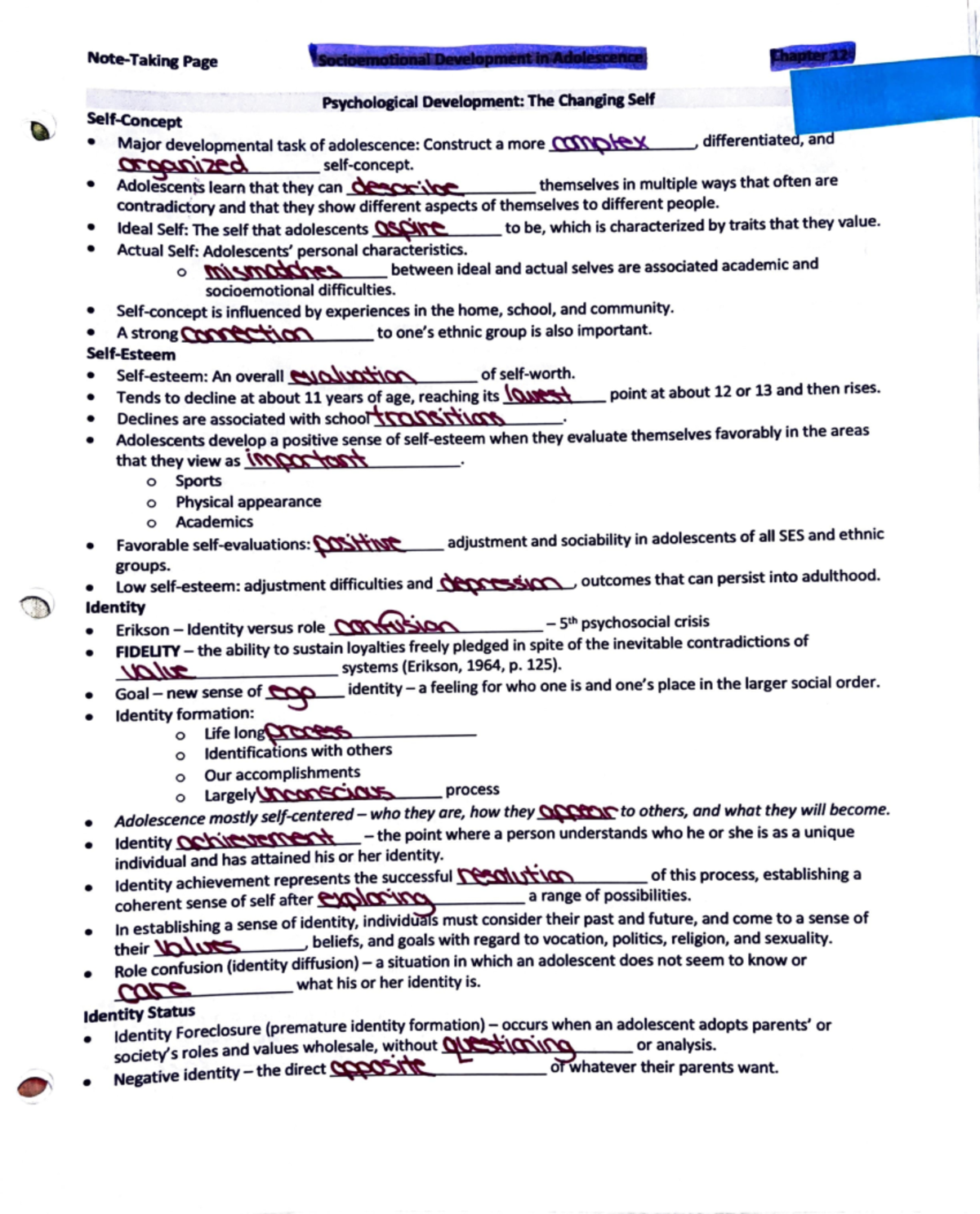HDFS Ch. 12 - Professor Christensen - Note-Taking Page PsycholQlical ...