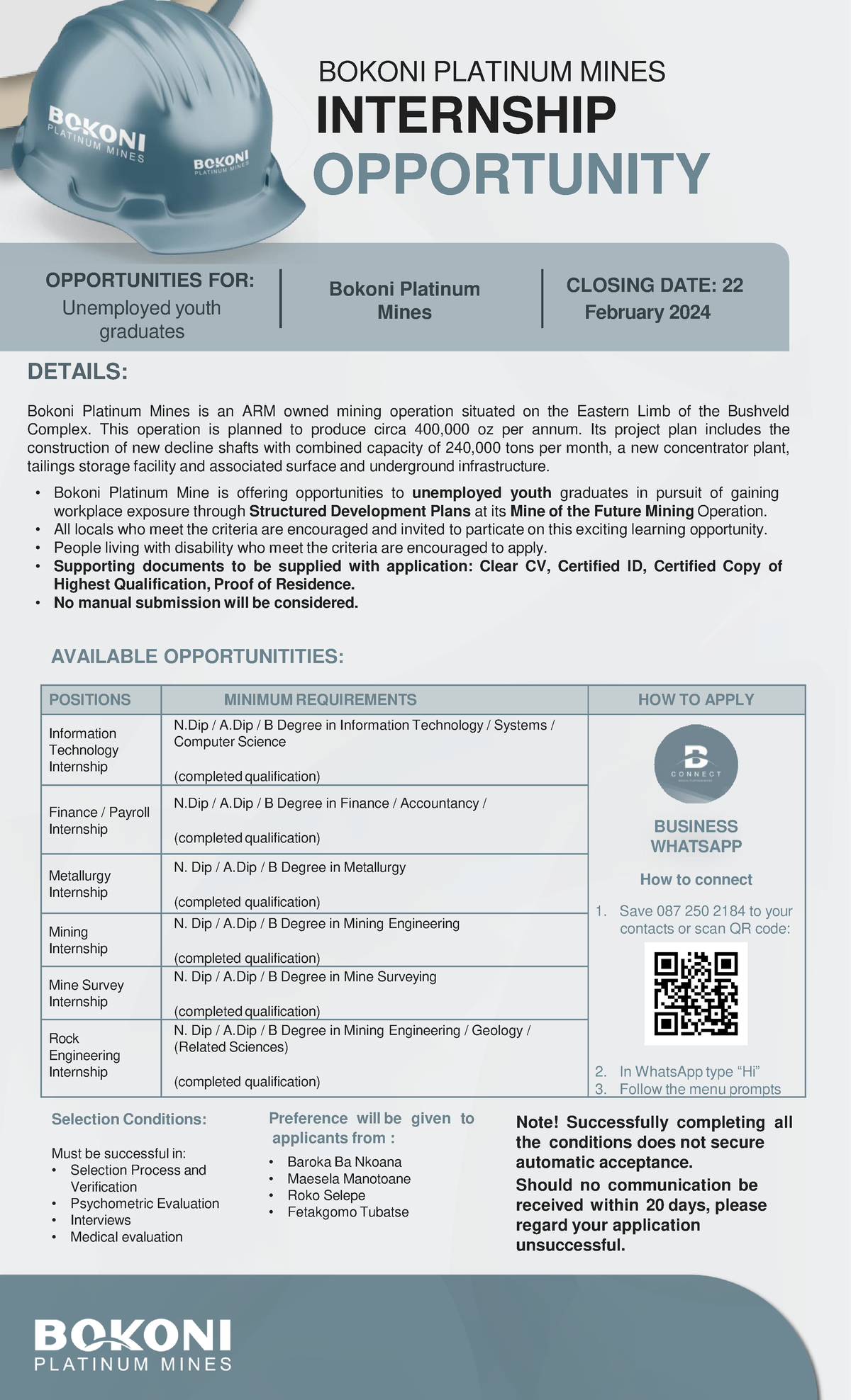 Bokoni Platinum Mine HRD Adverts Q1 2024 - Internship Opportunities ...
